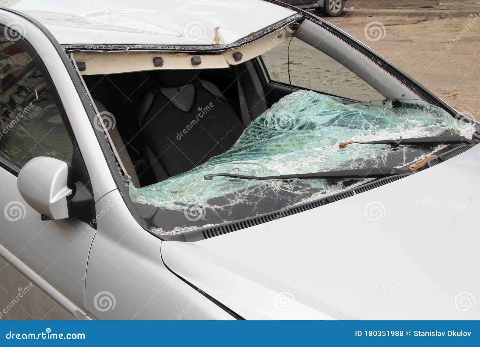 Broken Windshield. a Broken Silver Car after an Accident on the Road ...