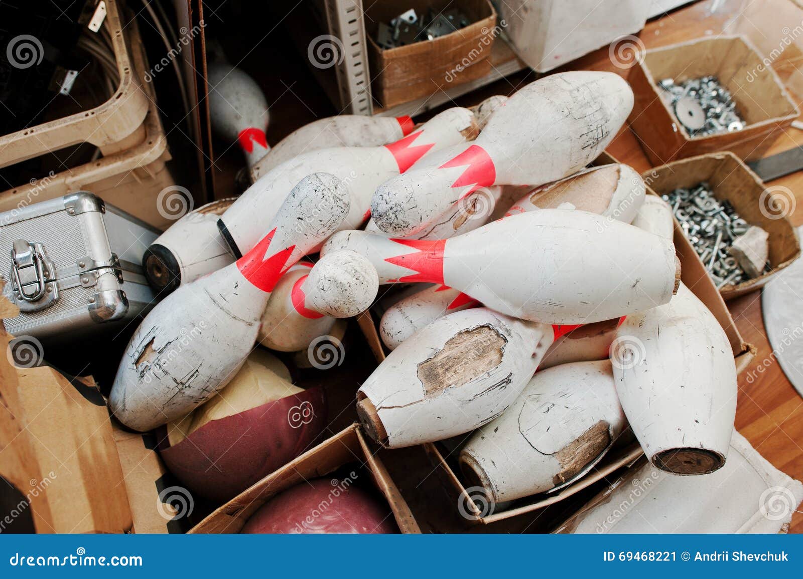 Broken Wooden Bowling Pins In Boxes Royalty-Free Stock Photography ...