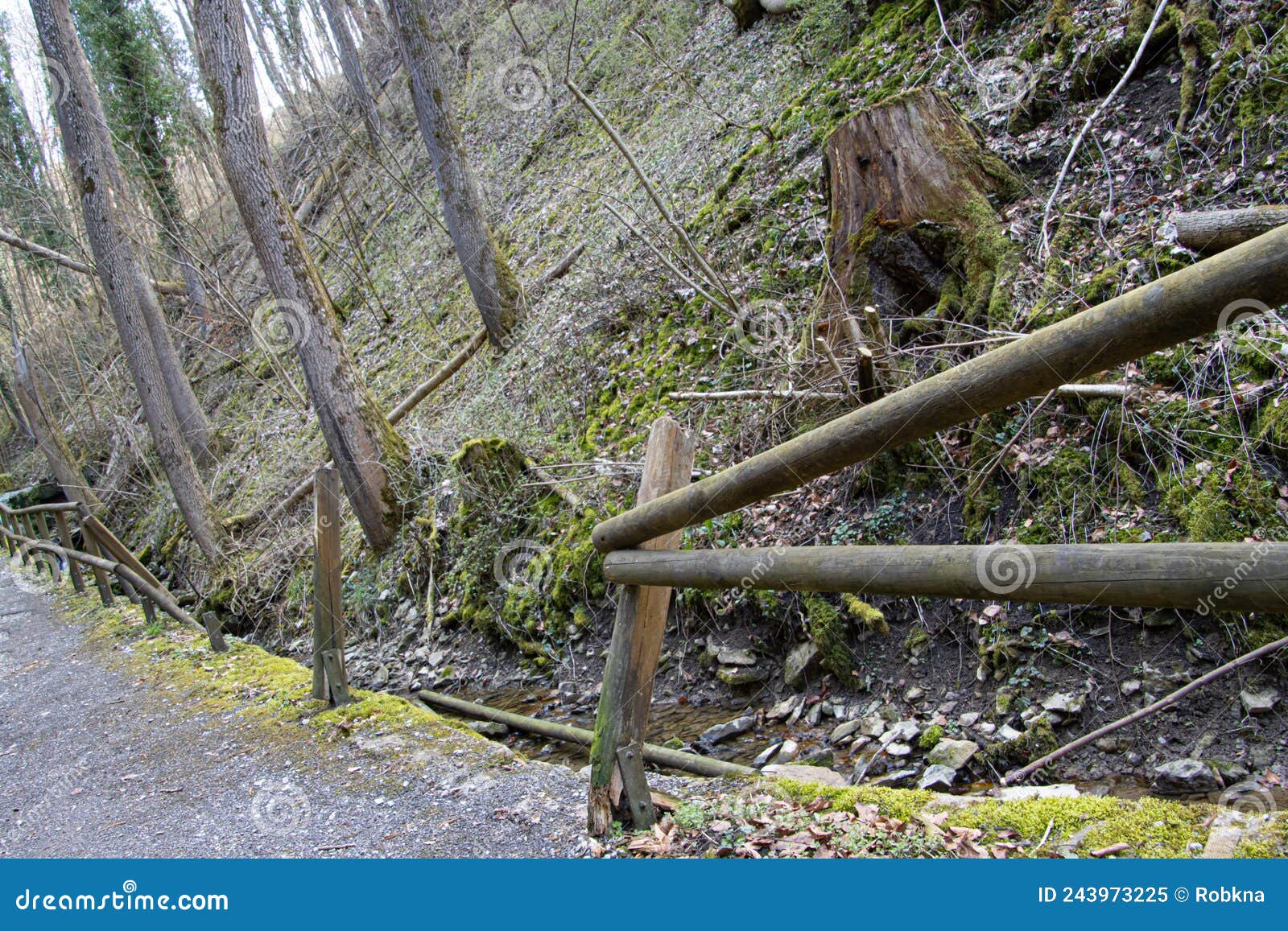 Broken Wooden Railing on the Side of a Pathway Stock Image - Image of ...