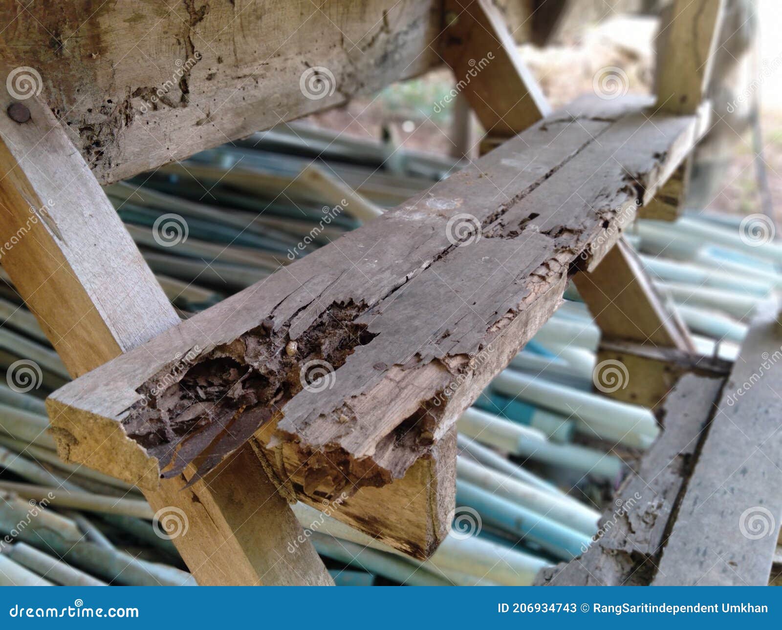 Broken wooden staircase. stock image. Image of roof - 206934743