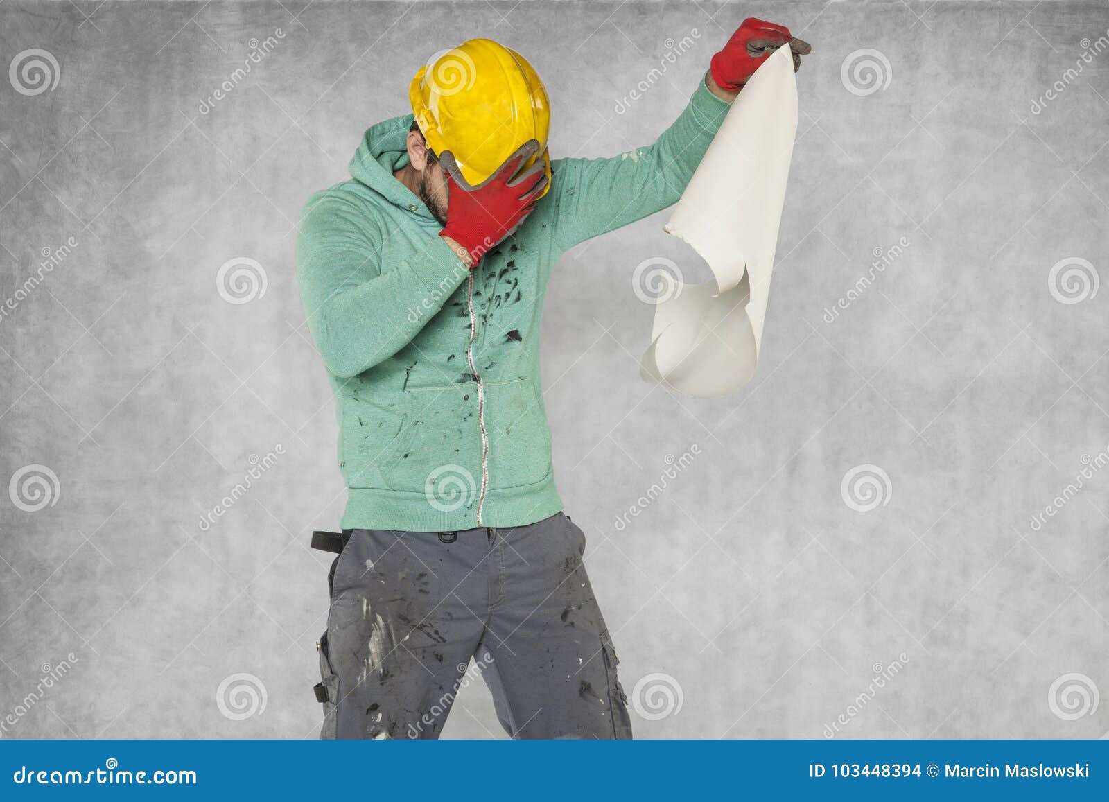 The Broken Worker Reads the Construction Plans Stock Photo - Image of ...