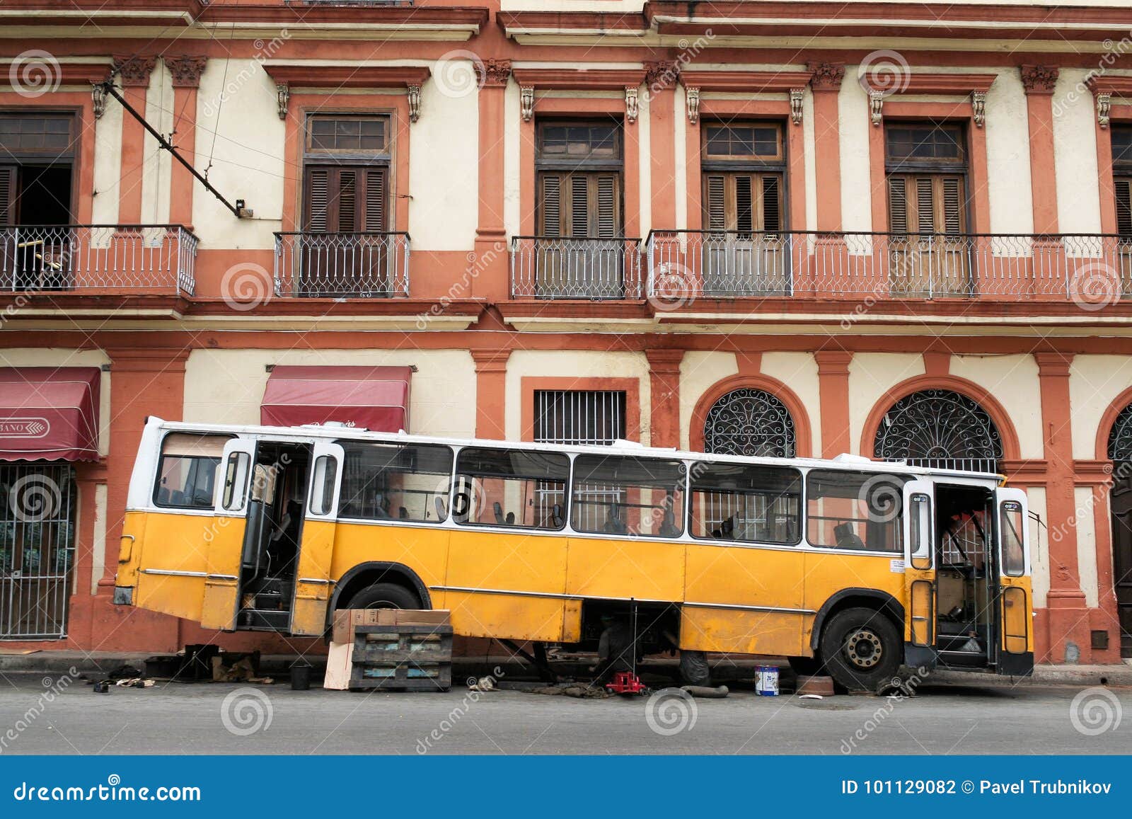 The Broken Yellow Bus Stay Near the Old House Stock Photo - Image of ...