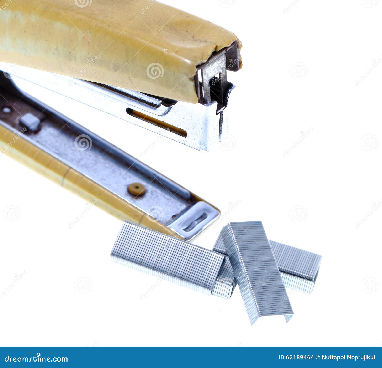Broken Yellow Stapler and Staples Isolated on White Background Stock Photo - Image of business ...