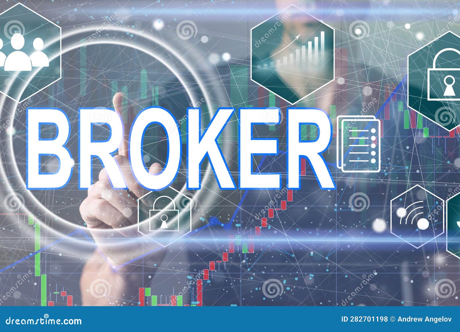 Broker Button on Virtual Screen Stock Photo - Image of hand, money ...