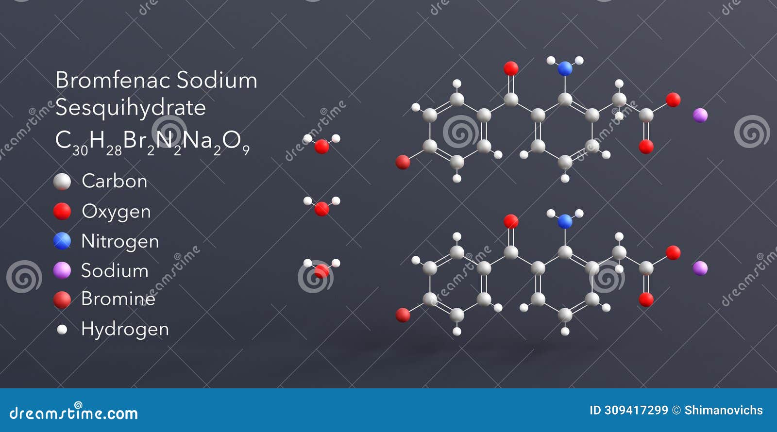 Bromfenac Sodium Sesquihydrate Molecule 3d Rendering, Flat Molecular ...