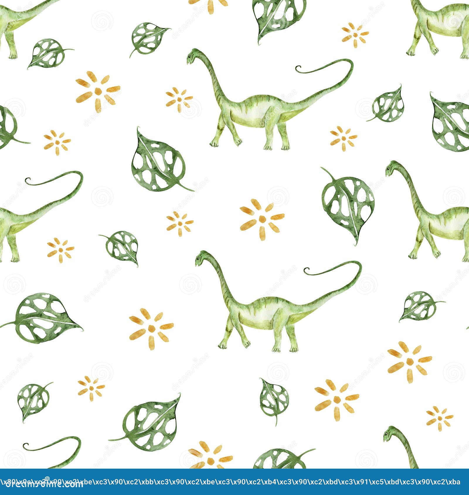 Brontosaurus among Monster Leaves Watercolor Seamless Pattern Stock ...