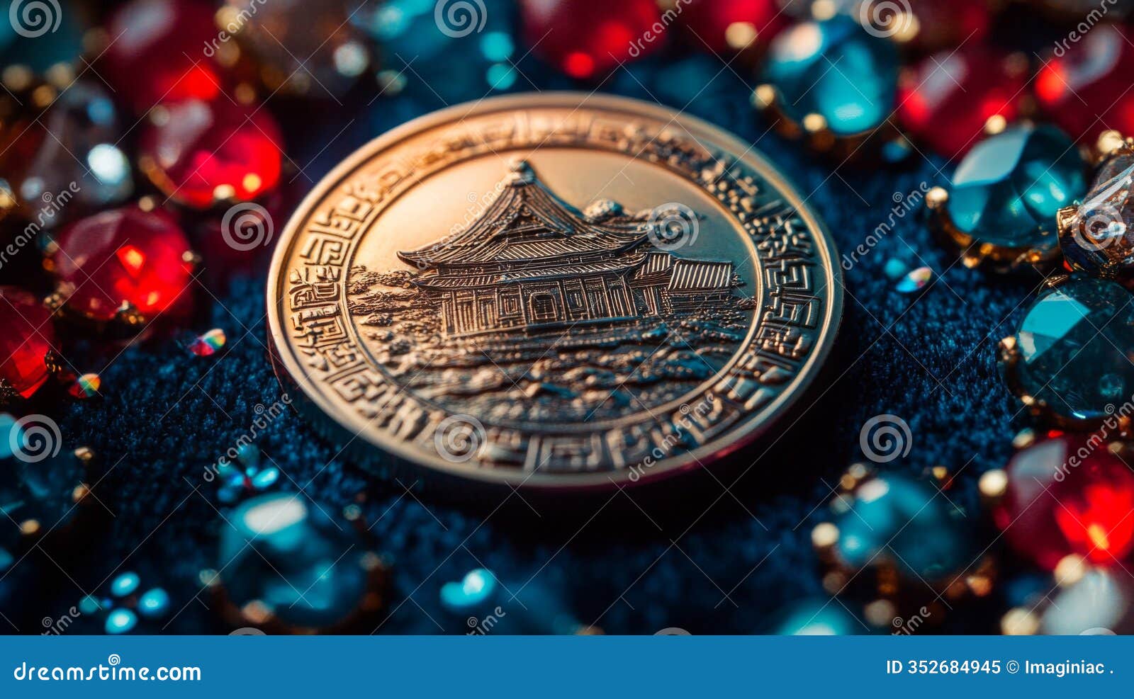 Bronze Coin Depicts Ancient Asian Temple Architecture Stock ...