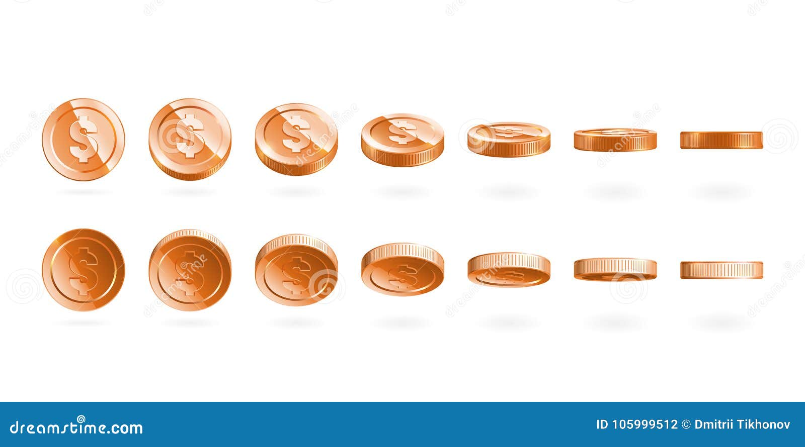 Bronze Coins Set Isolated on White in Different Positions Stock Vector ...