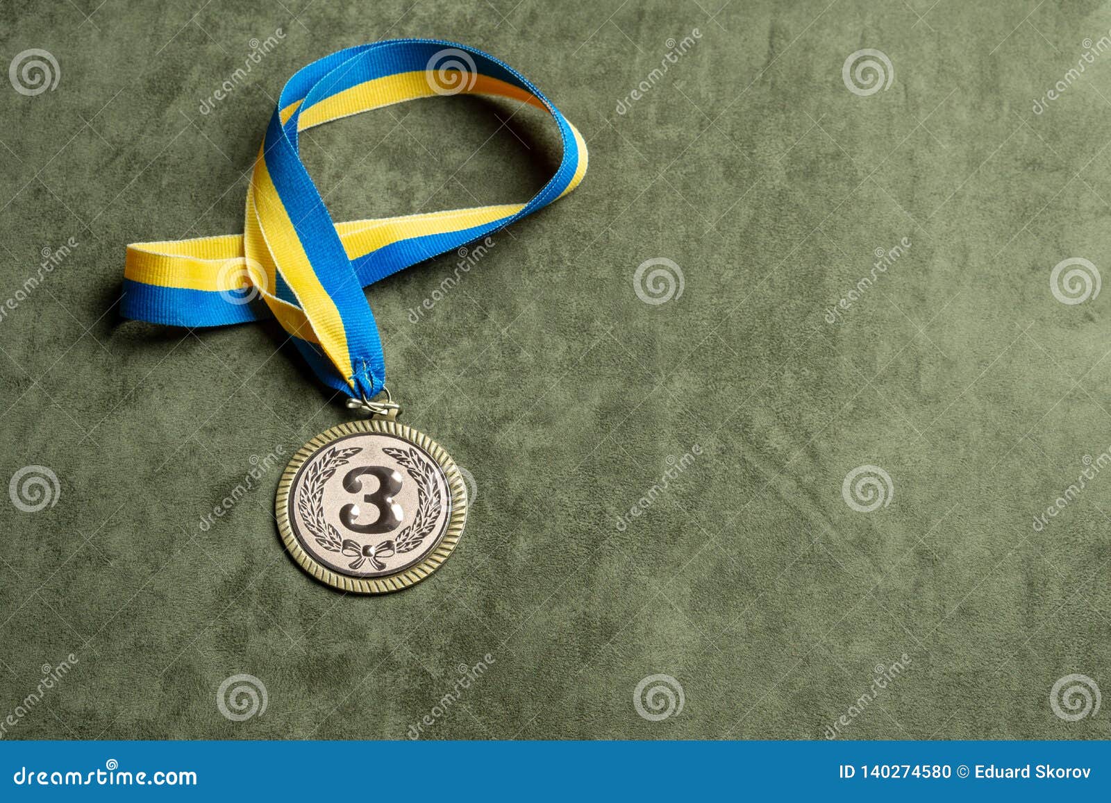 The Bronze Medal for Third Place with Yellow-blue Ribbon, Copy-space ...