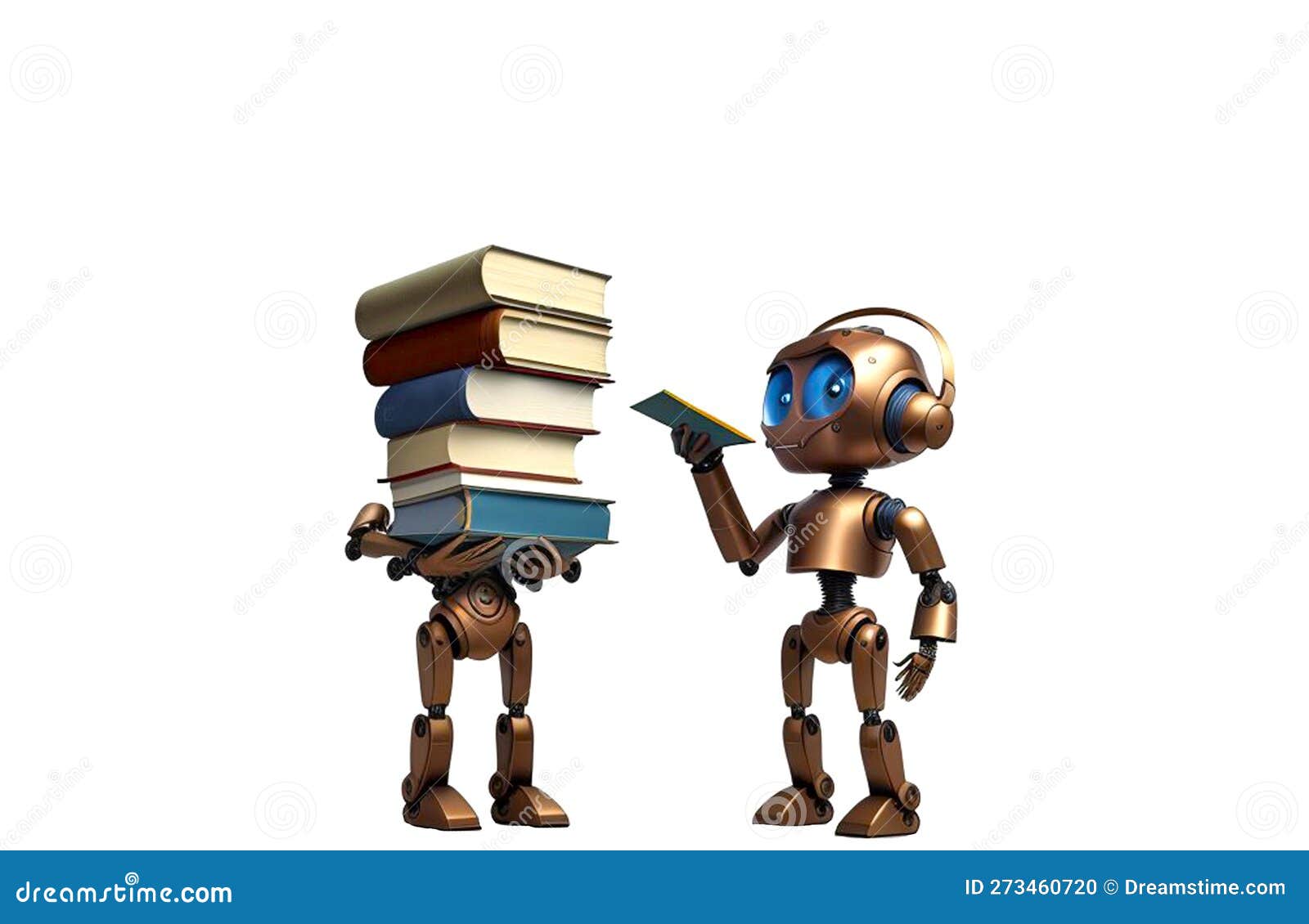 Bronze Robot with a Book in His Hands and a Large Stack of Books on a ...