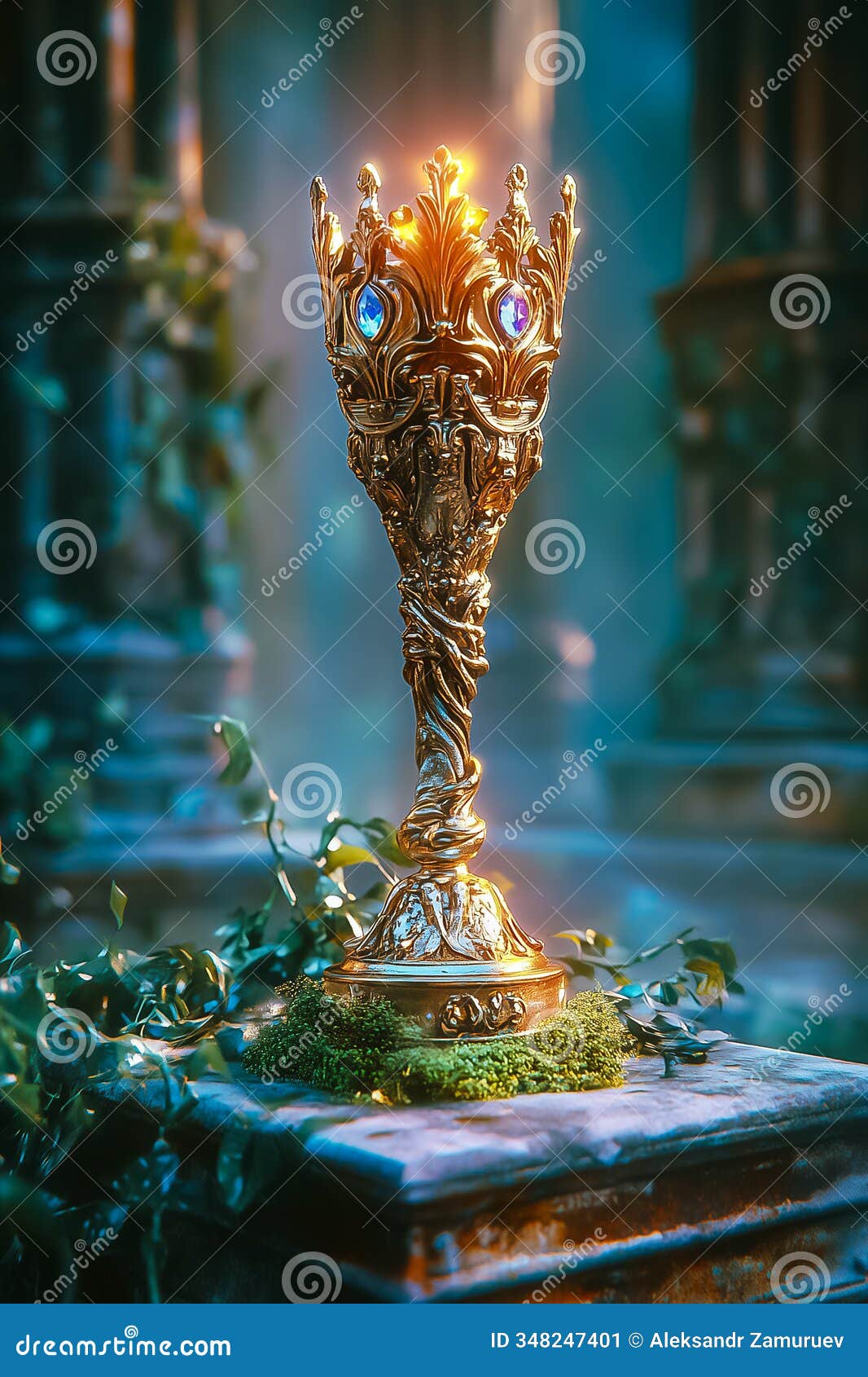 A Bronze Scepter Rests Elegantly on a Stone Altar, Enveloped by Lush ...