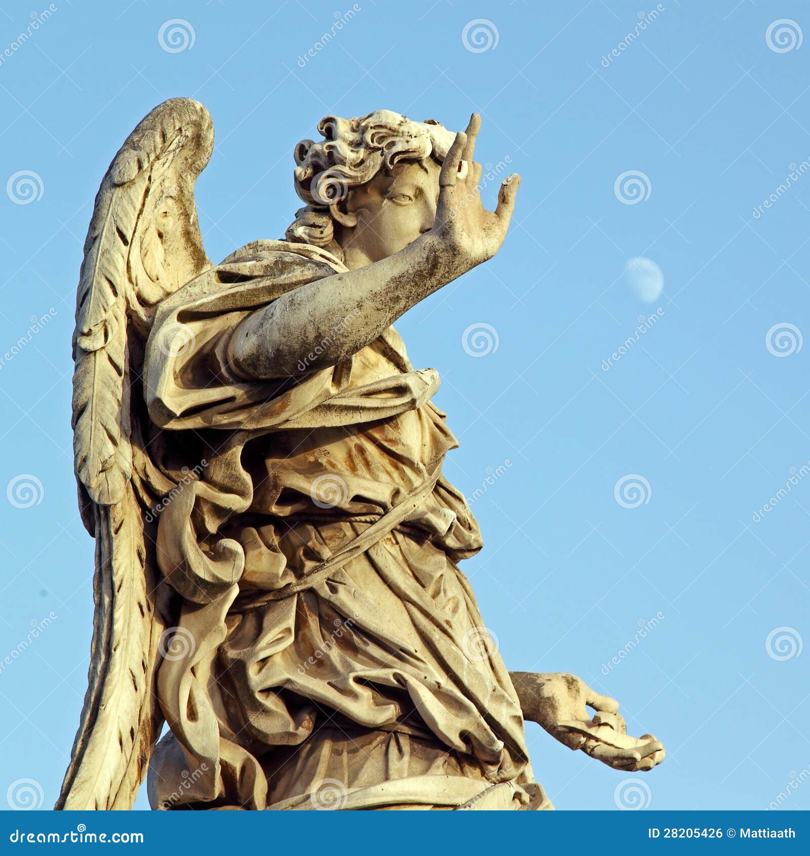 Bronze Statue of an Angel, in Rome, with a Pale Moon in the Sky Stock ...