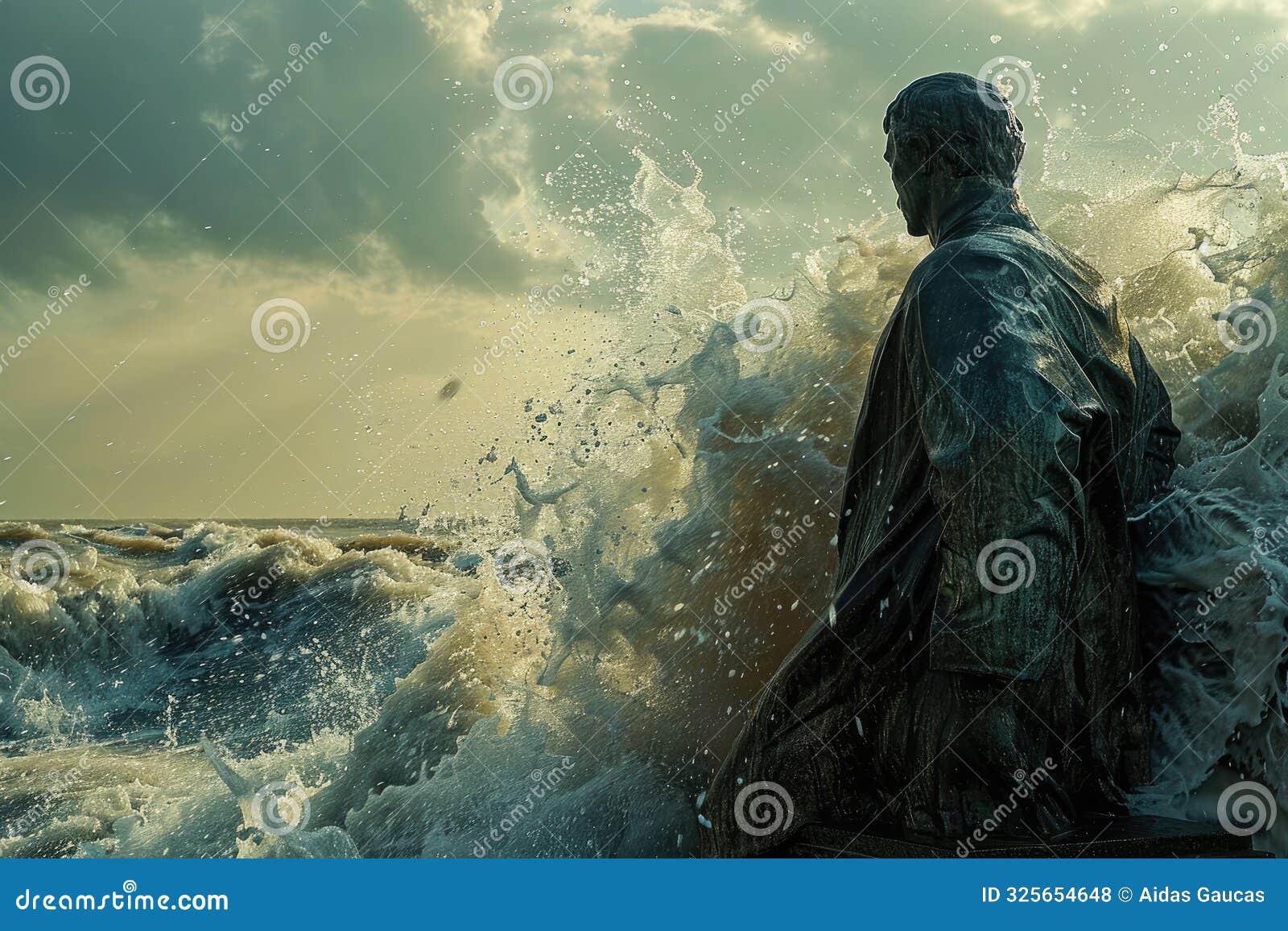 Bronze Statue Stands Tall in Turbulent Tide Waves Splash at Base Stock ...