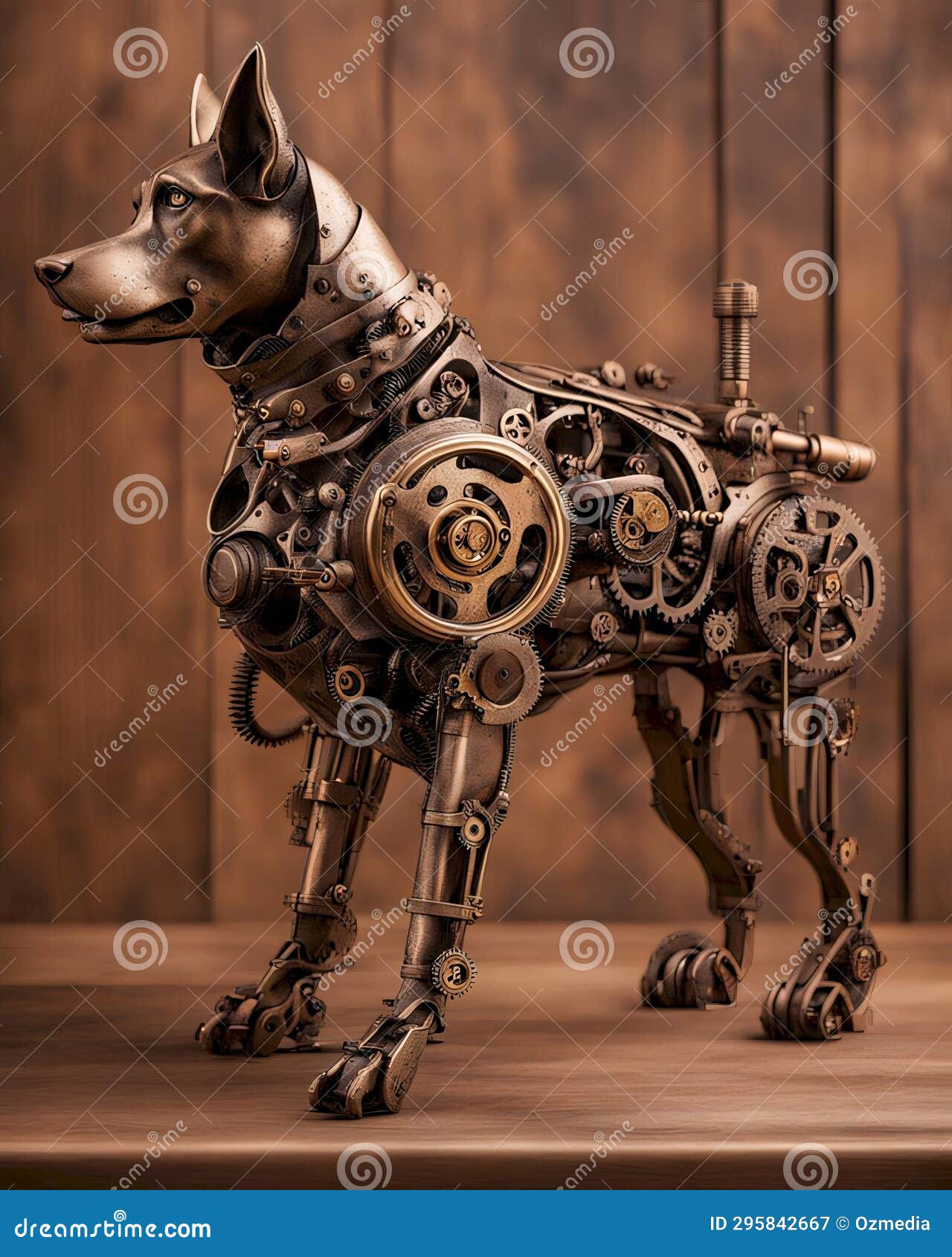 Bronze Steampunk Dog on Wooden Table Stock Illustration - Illustration ...