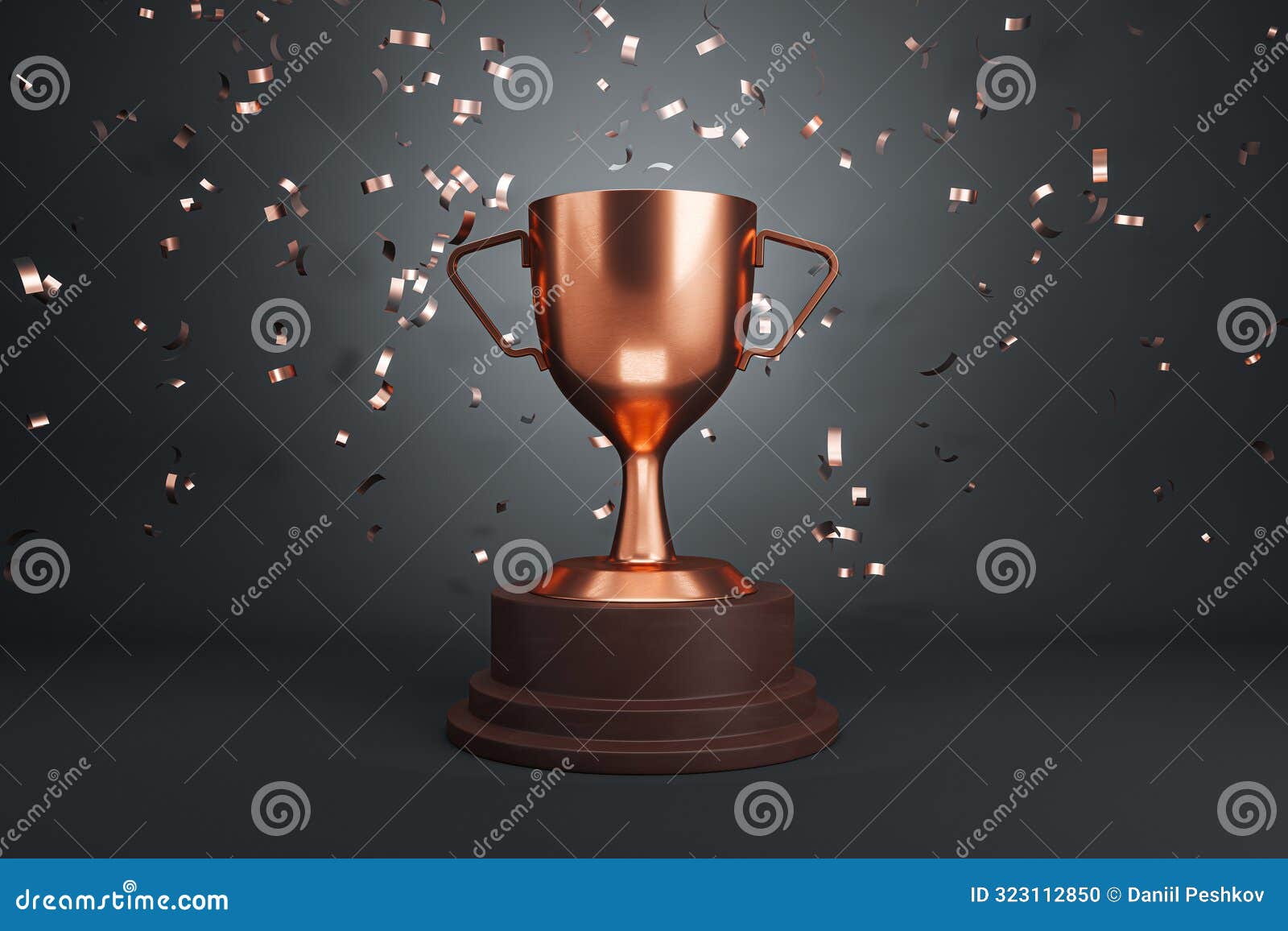 A Bronze Trophy Cup on a Dark Background with Falling Confetti ...