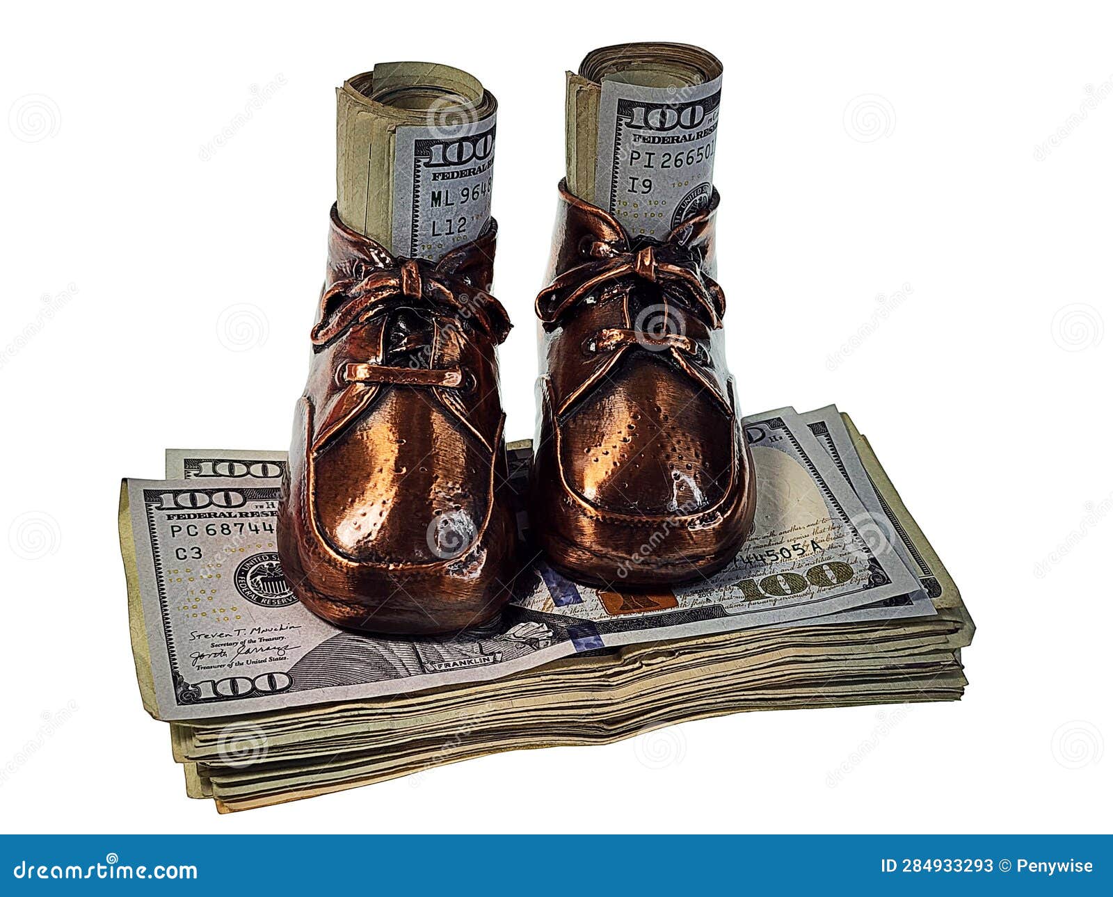 Bronzed Baby Shoes with a Stack of Money Stock Image - Image of saving ...