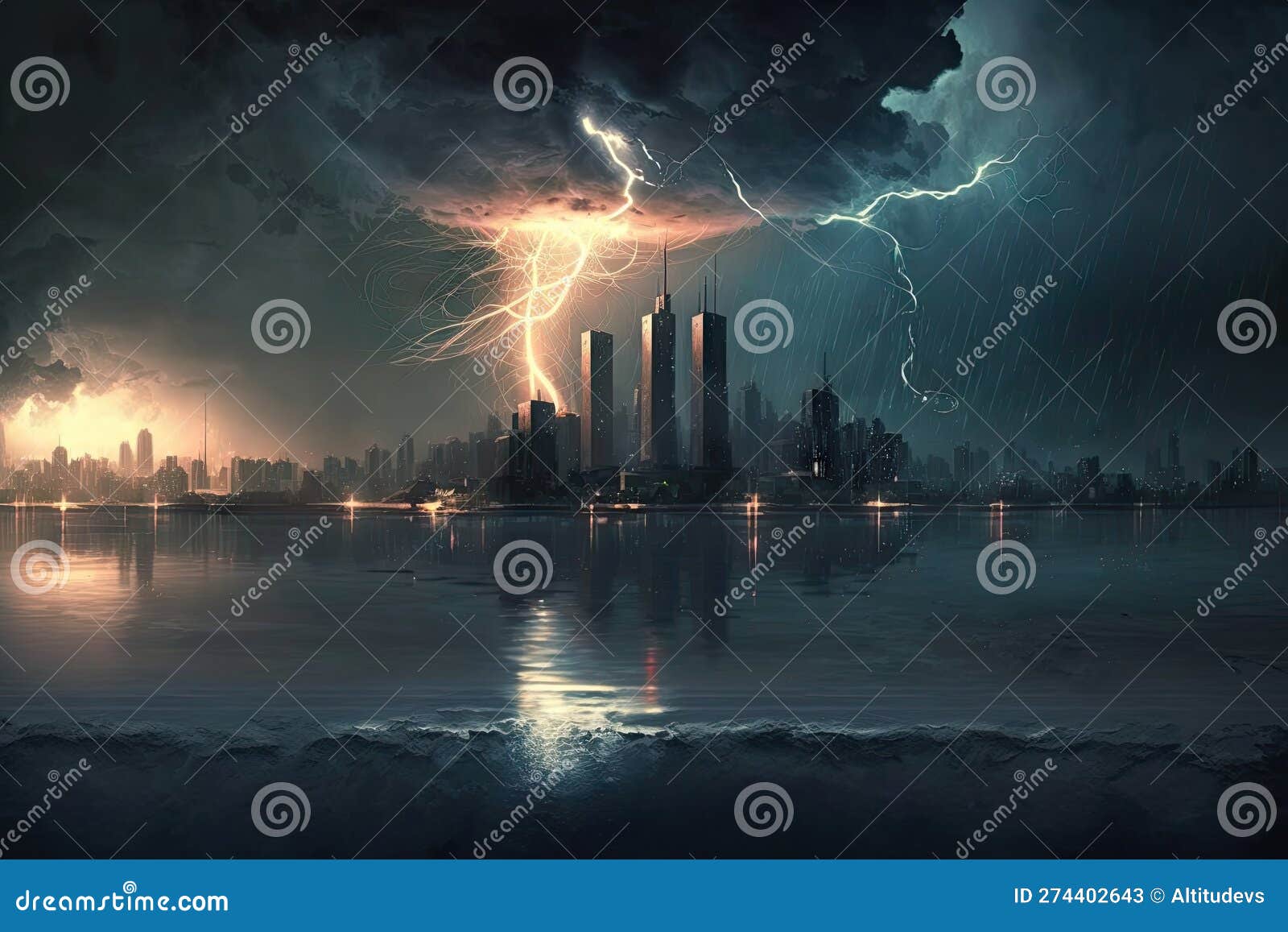 Brooding Storm Clouds Above the City, with Lightning Striking the Water ...