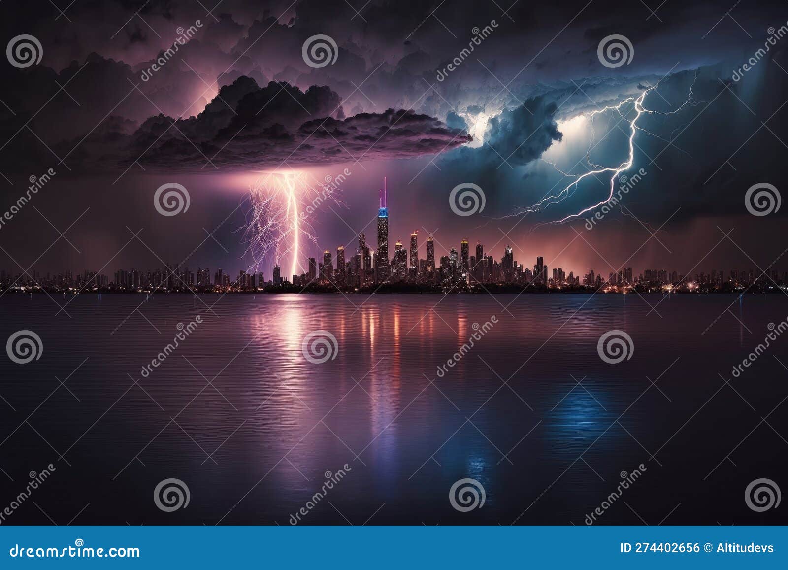 Brooding Storm Clouds Above the City, with Lightning Striking the Water ...
