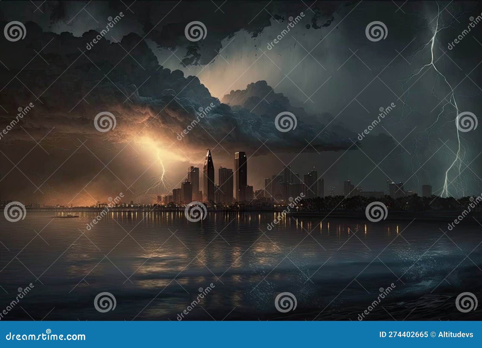 Brooding Storm Clouds Above the City, with Lightning Striking the Water ...