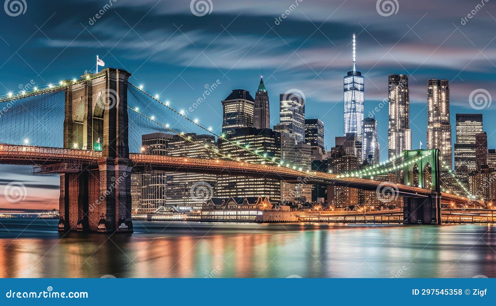 Brooklyn Bridge at Dusk in New York City Stock Illustration ... Brooklyn Bridge at Dusk in New York City Stock Illustration ...