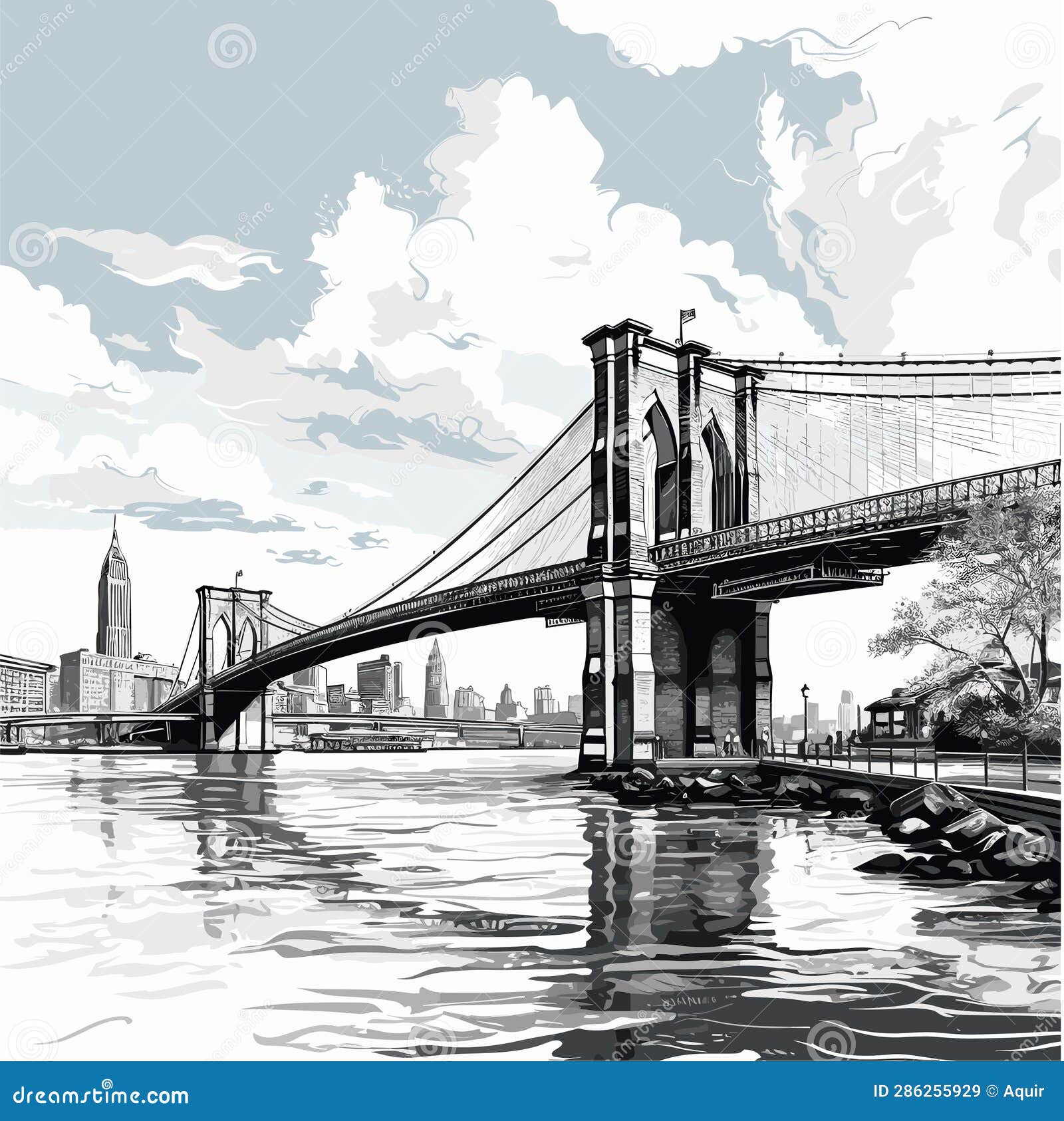 Brooklyn Bridge. Brooklyn Bridge Hand-drawn Comic Illustration. Vector ...