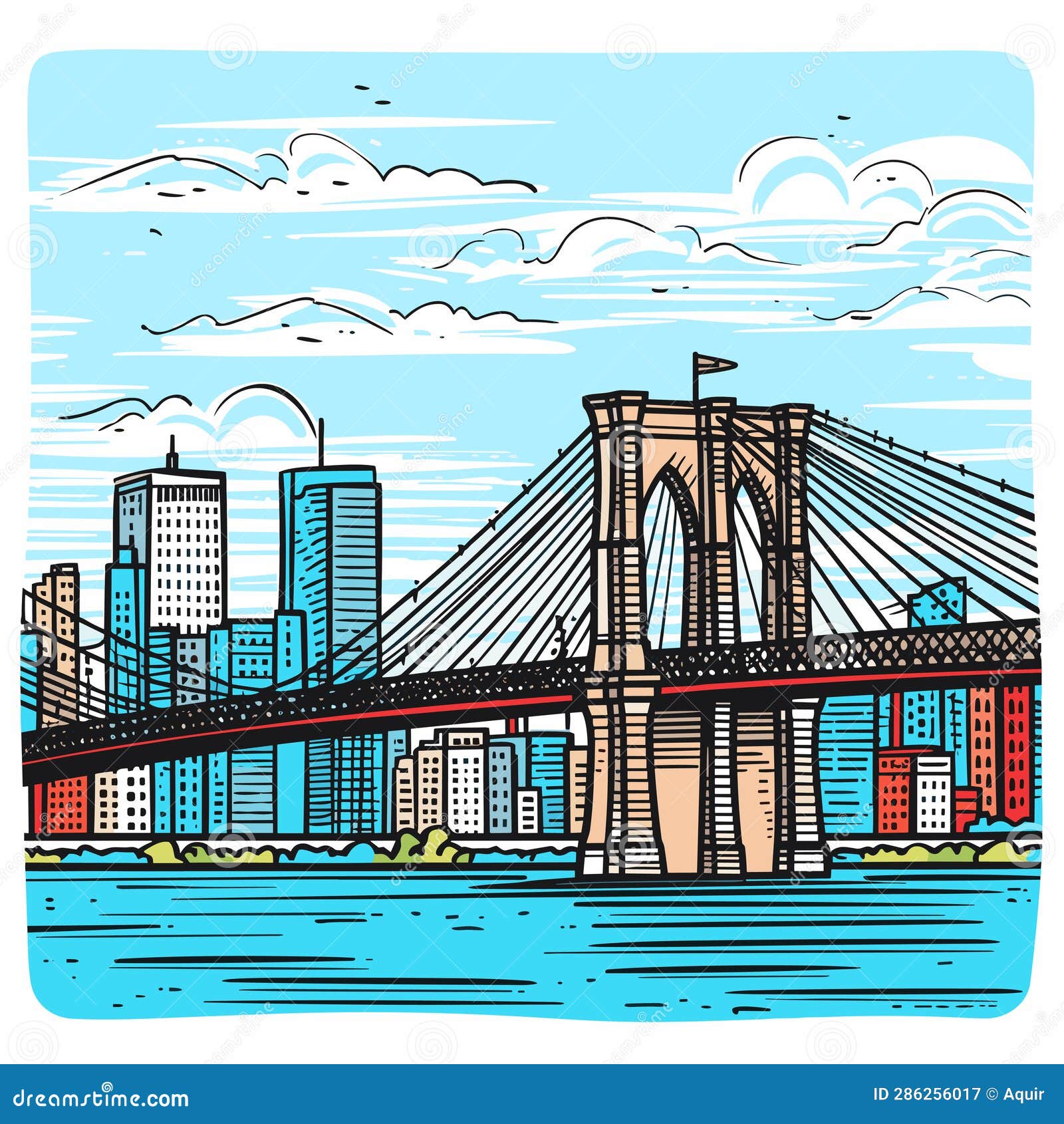 Brooklyn Bridge. Brooklyn Bridge Hand-drawn Comic Illustration. Vector ...