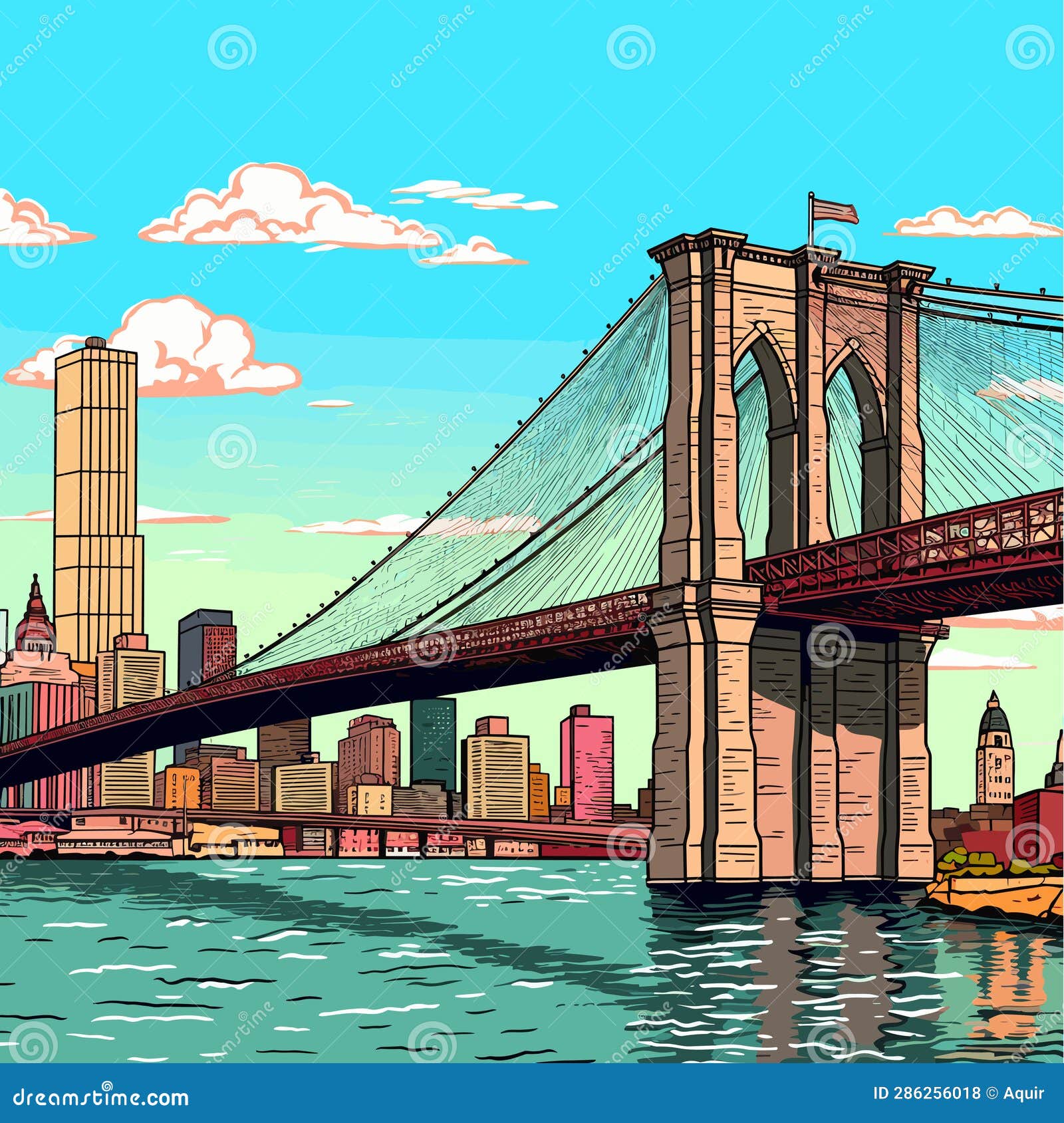 Brooklyn Bridge. Brooklyn Bridge Hand-drawn Comic Illustration. Vector ...