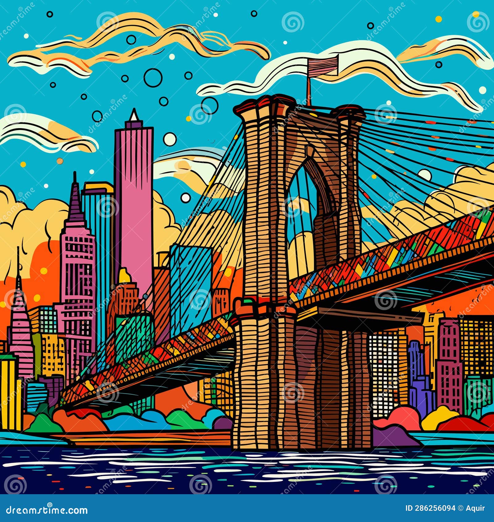 Brooklyn Bridge. Brooklyn Bridge Hand-drawn Comic Illustration. Vector ...