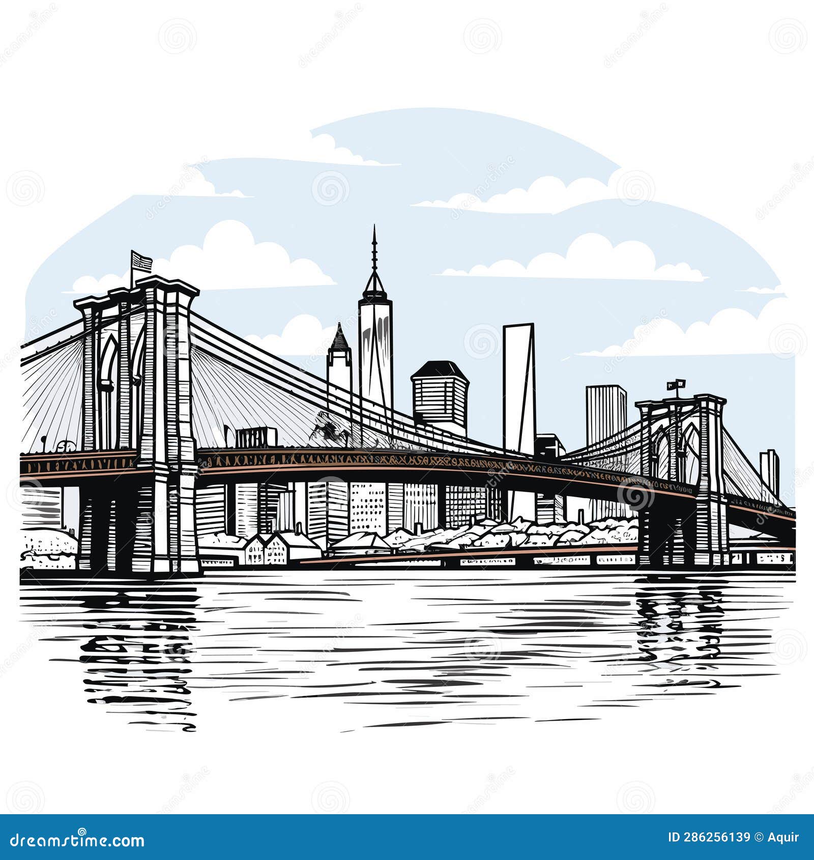 Brooklyn Bridge. Brooklyn Bridge Hand-drawn Comic Illustration. Vector ...