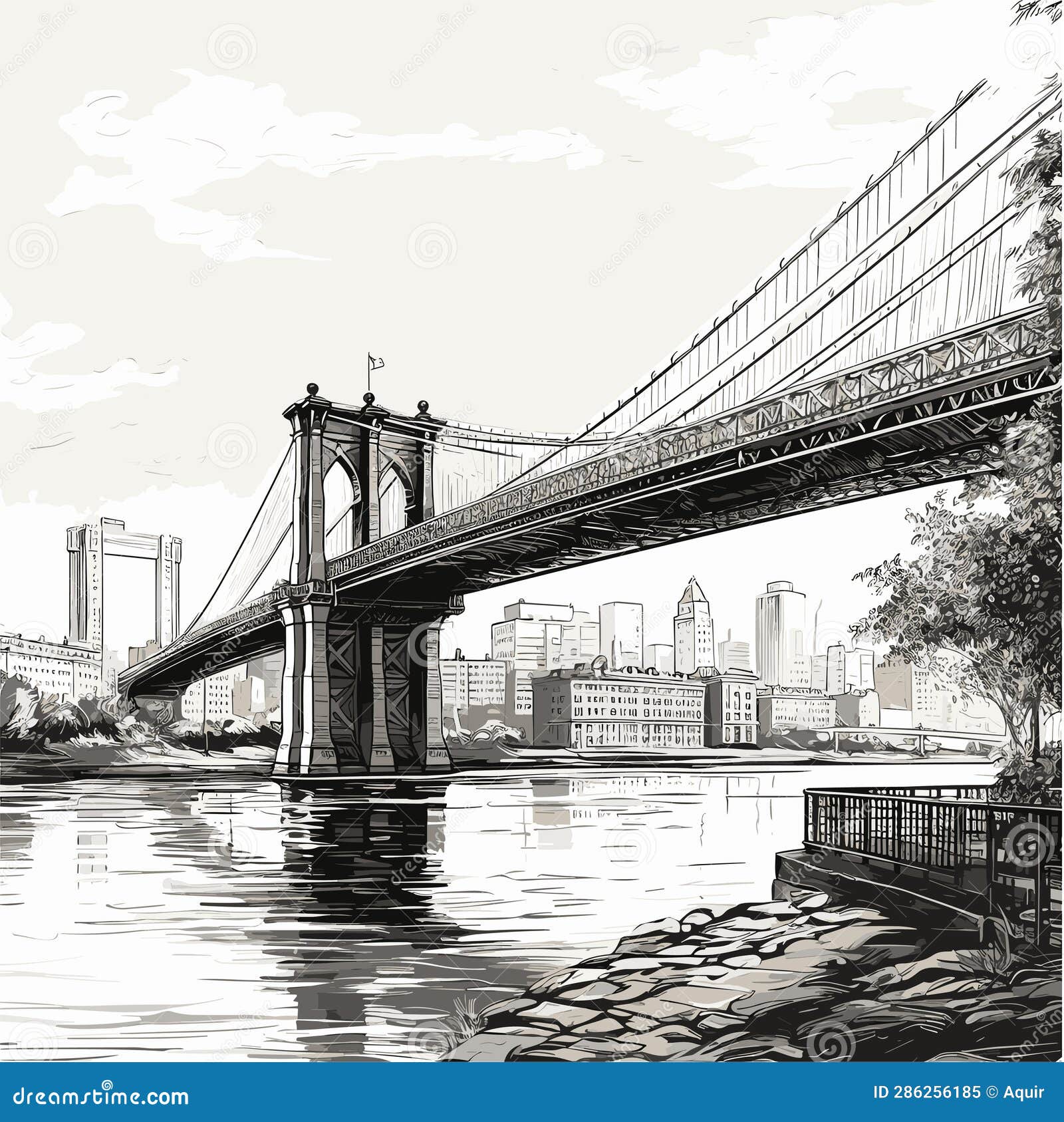 Brooklyn Bridge. Brooklyn Bridge Hand-drawn Comic Illustration. Vector ...