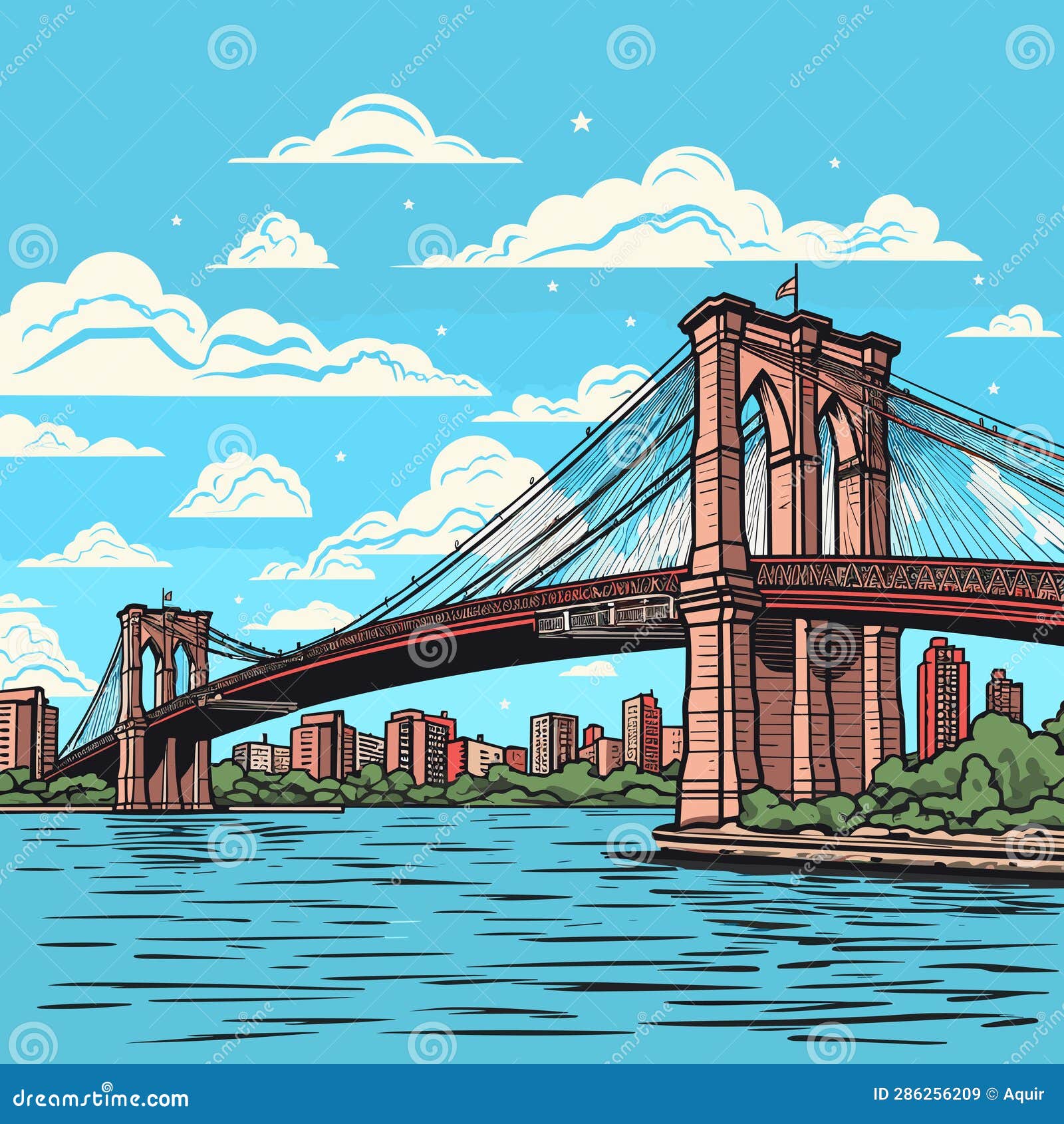 Brooklyn Bridge. Brooklyn Bridge Hand-drawn Comic Illustration. Vector ...