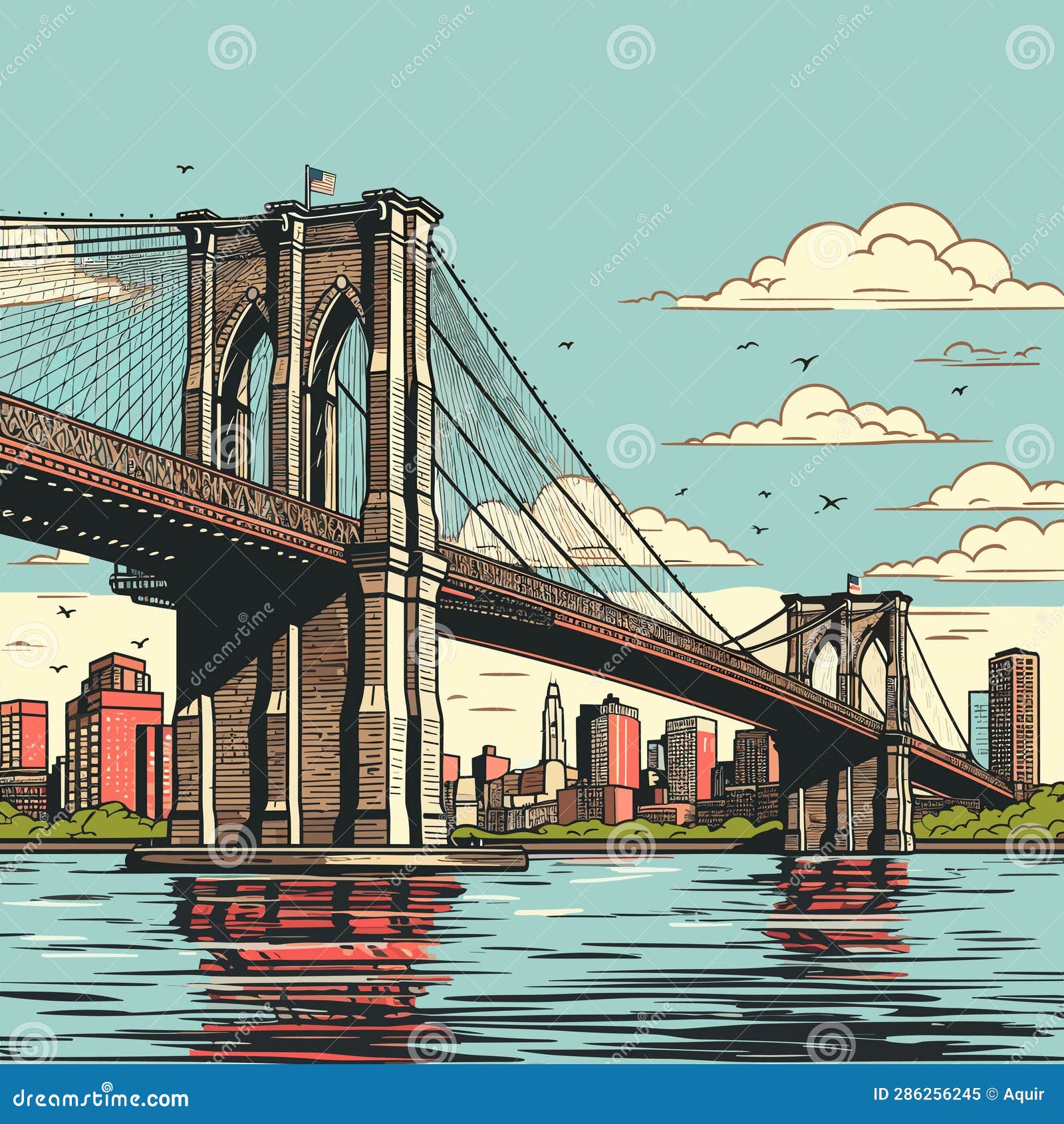 Brooklyn Bridge. Brooklyn Bridge Hand-drawn Comic Illustration. Vector ...