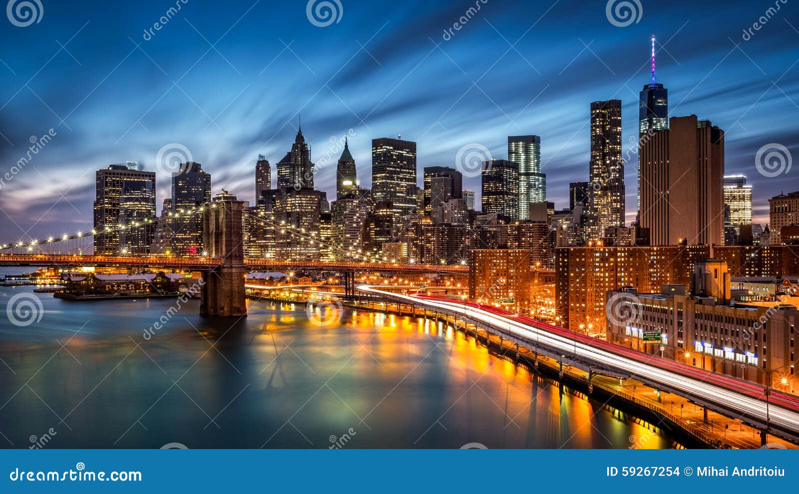 Brooklyn Bridge and the Lower Manhattan Stock Photo - Image of ...