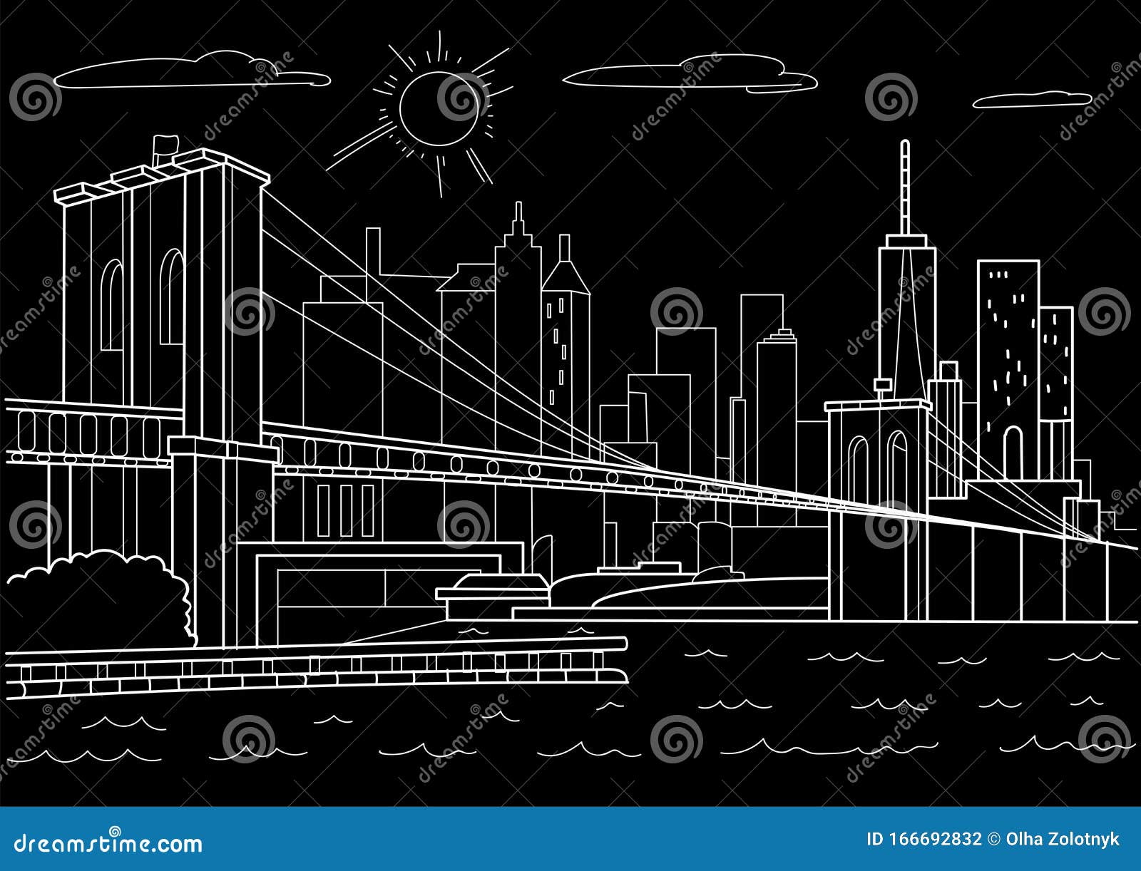 Brooklyn Bridge, New York. Art Line on a Black Background Stock ...