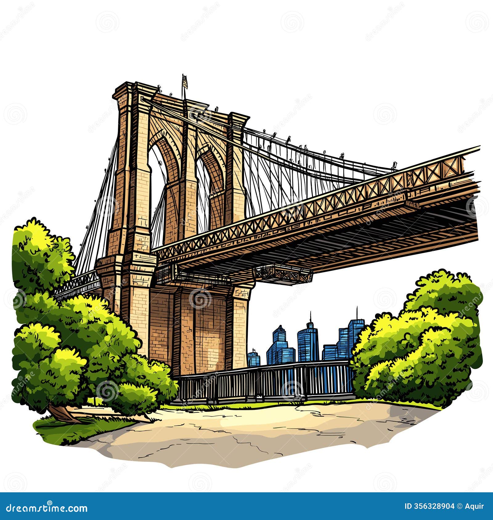 Brooklyn Bridge in New York. Vector Comic Hand-drawn Illustration of ...