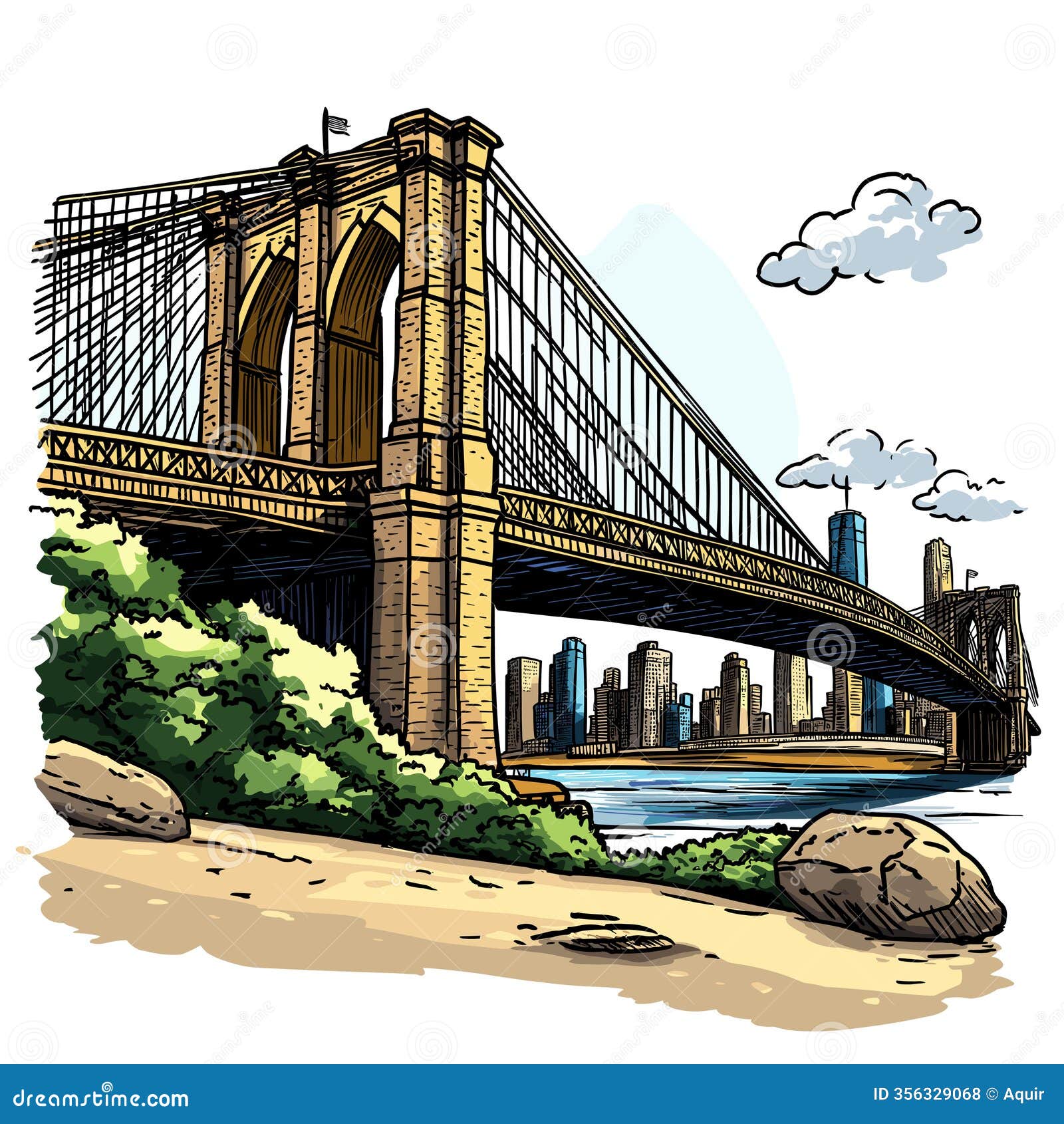 Brooklyn Bridge in New York. Vector Comic Hand-drawn Illustration of ...