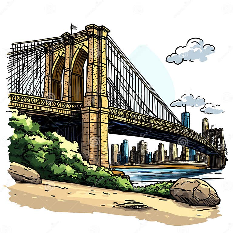 Brooklyn Bridge in New York. Vector Comic Hand-drawn Illustration of ...