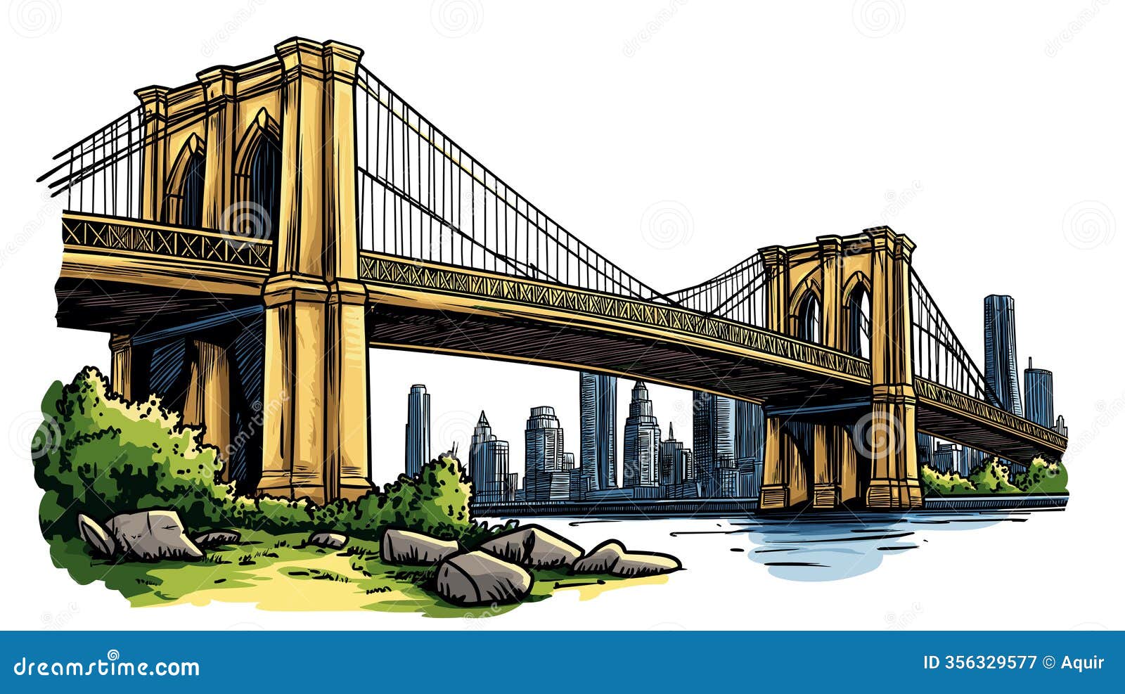Brooklyn Bridge in New York. Vector Comic Hand-drawn Illustration of ...