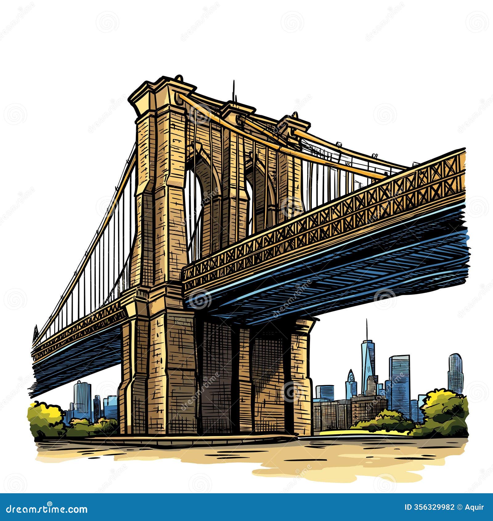 Brooklyn Bridge in New York. Vector Comic Hand-drawn Illustration of ...