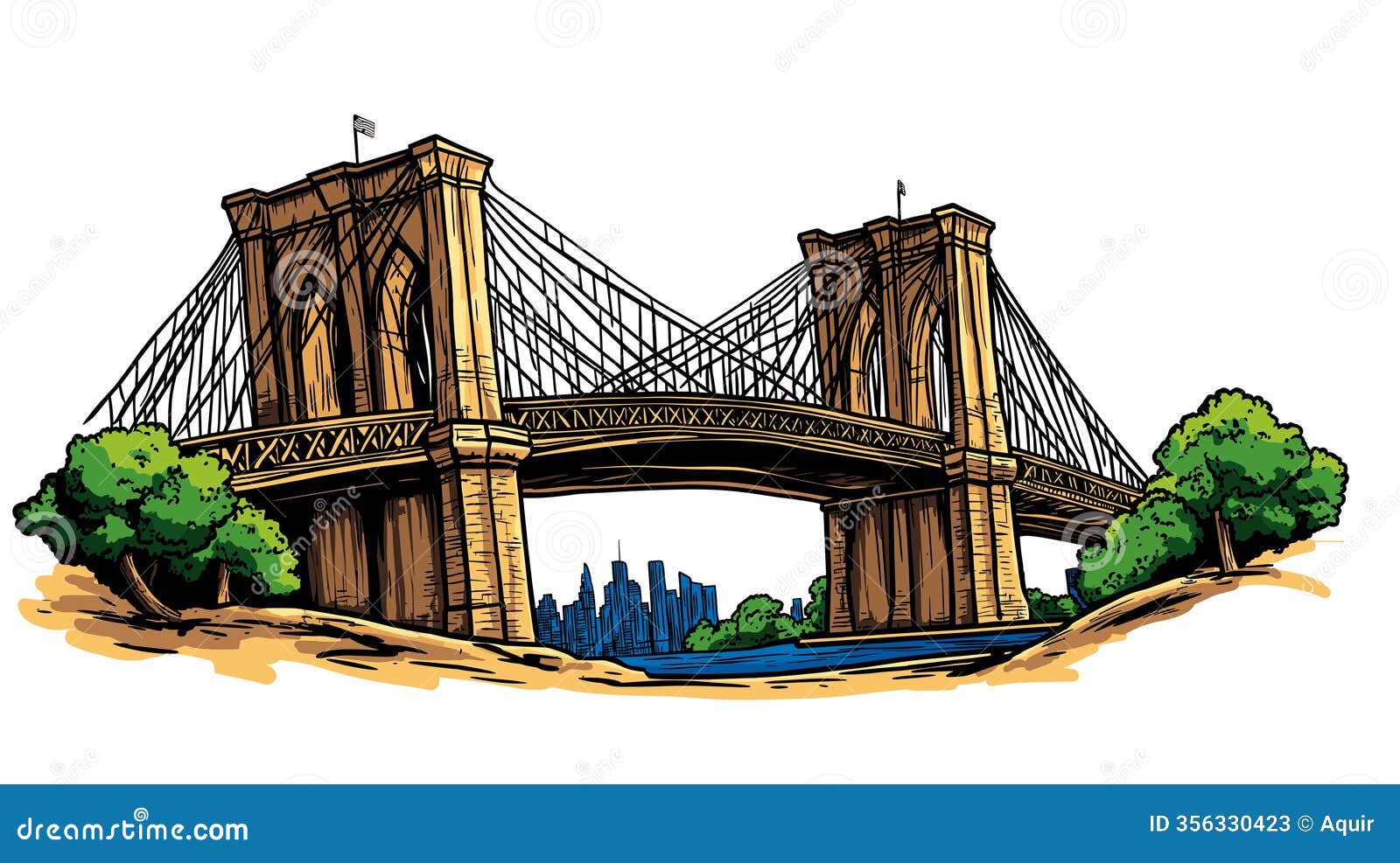 Brooklyn Bridge in New York. Vector Comic Hand-drawn Illustration of ...