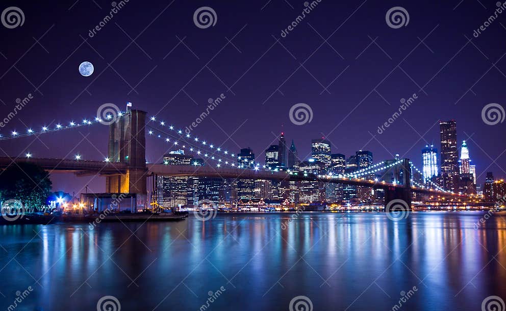 Brooklyn Bridge at Night stock photo. Image of harbor - 20229900