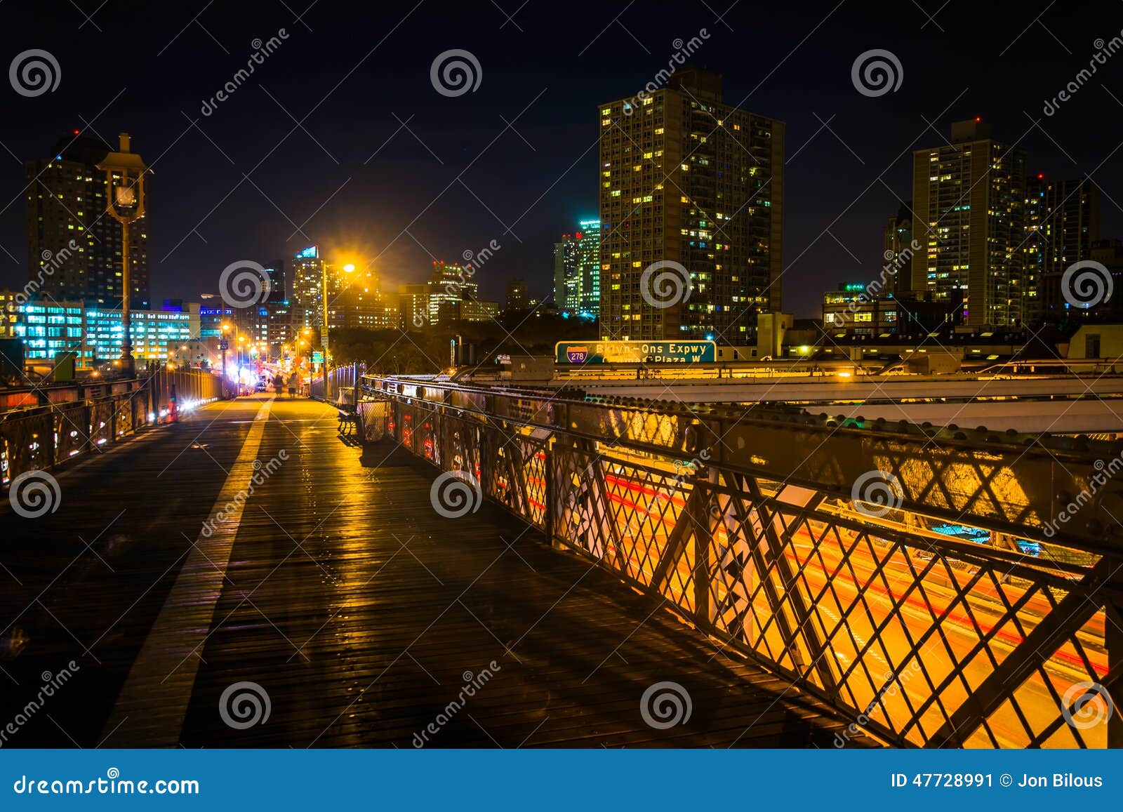 The Brooklyn Bridge Walkway at Night, New York. Stock Image - Image of ...