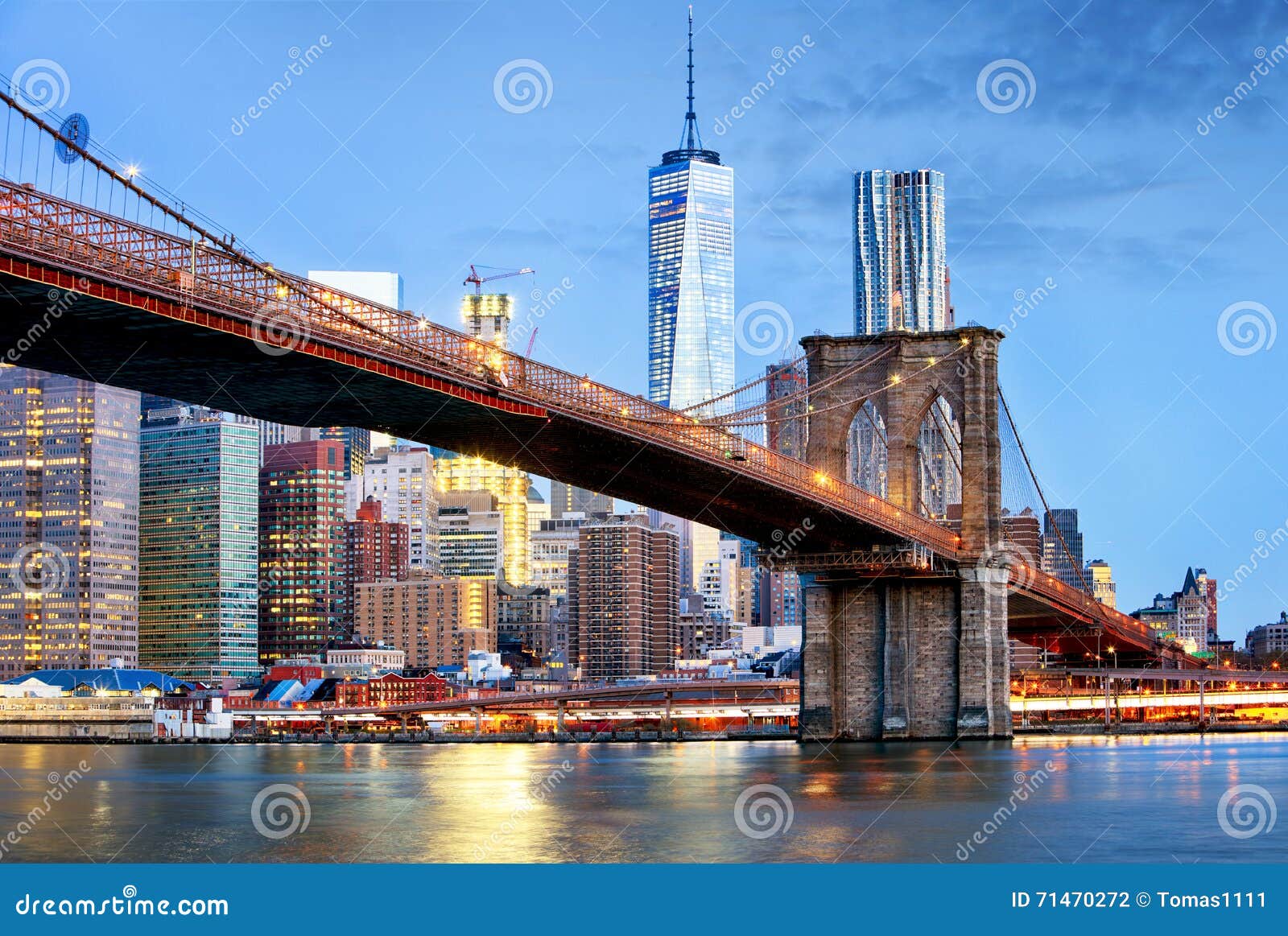 Brooklyn Bridge and WTC Freedom Tower at Night, New York Stock Photo ...