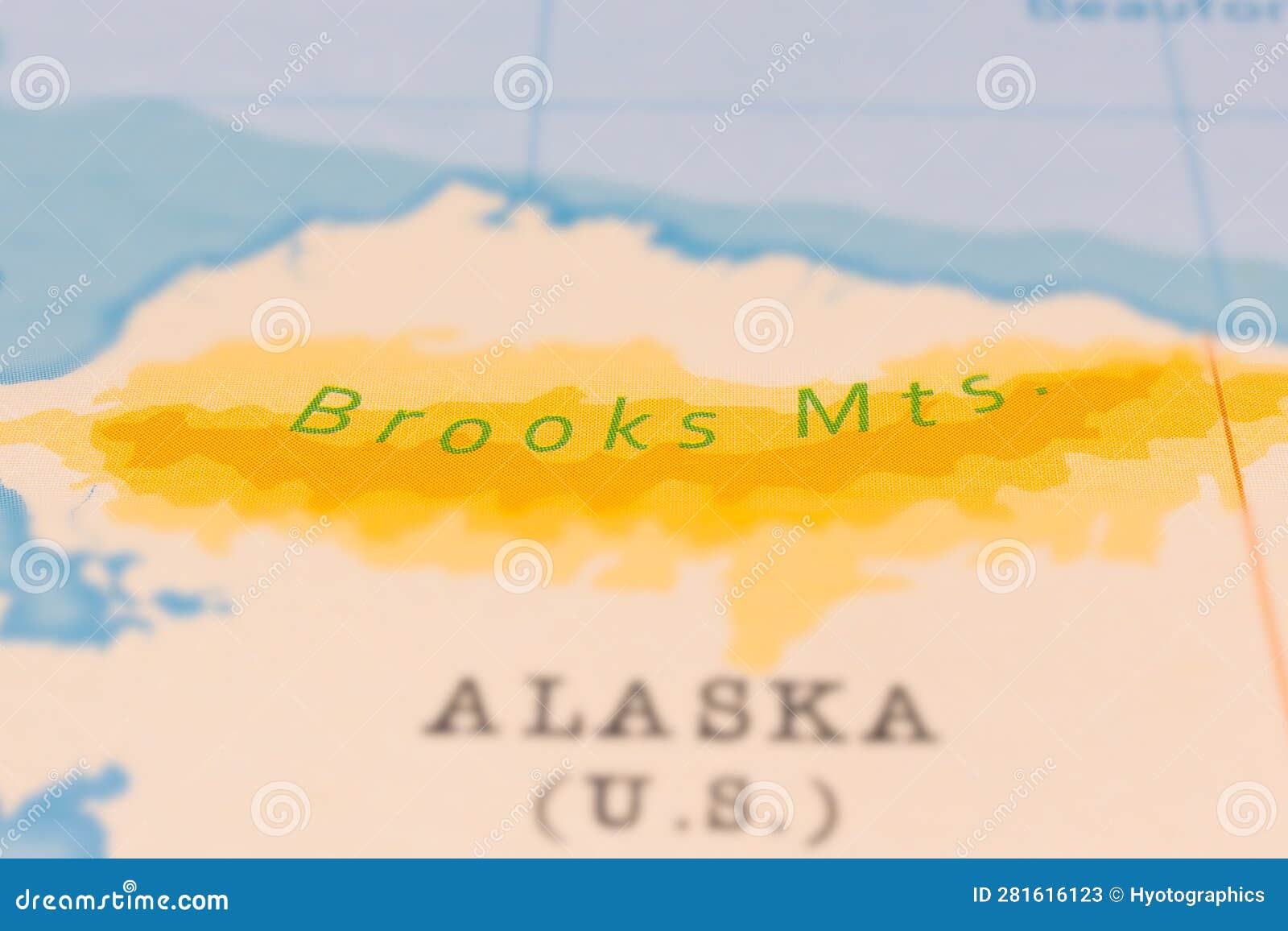 Brooks Mountains in Focus on a Tilted World Map. Stock Image - Image of ...