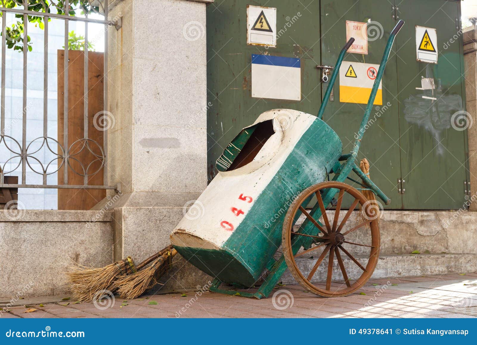 Broom and Cart at Sidework for Cleaner Stock Image - Image of dirty ...