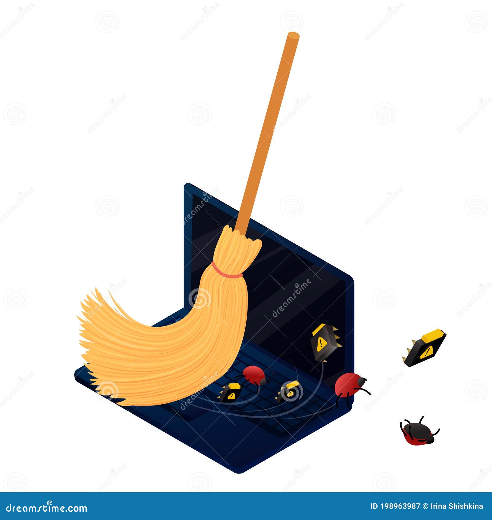 Broom Cleaning Laptop from Bugs and Viruses Stock Vector - Illustration ...