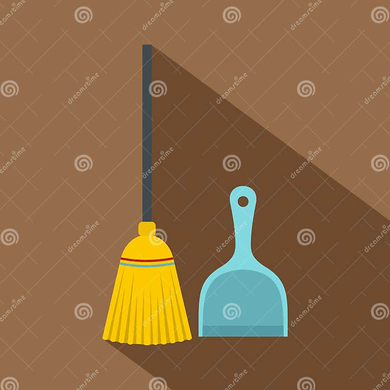 Broom and Dustpan Icon, Flat Style Stock Vector - Illustration of stick ...