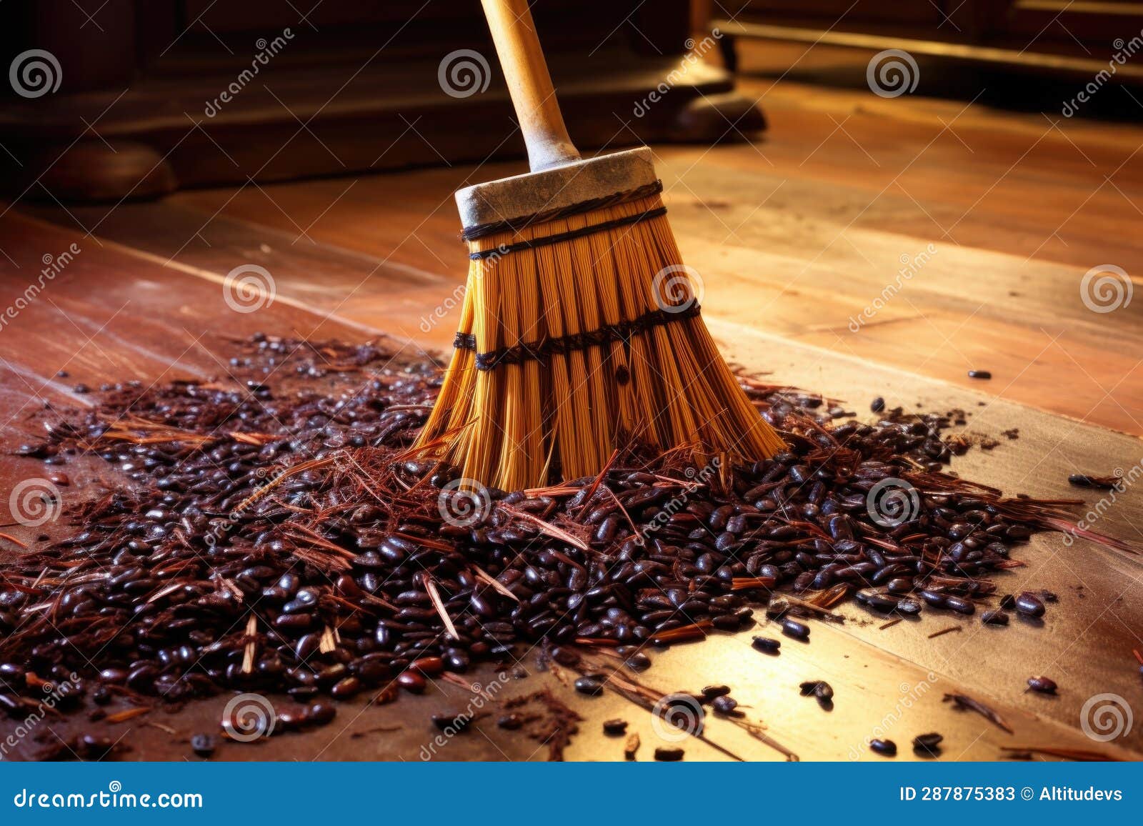 Broom Sweeping a Floor with Spilled Coffee Beans on Kitchen Floor Stock ...