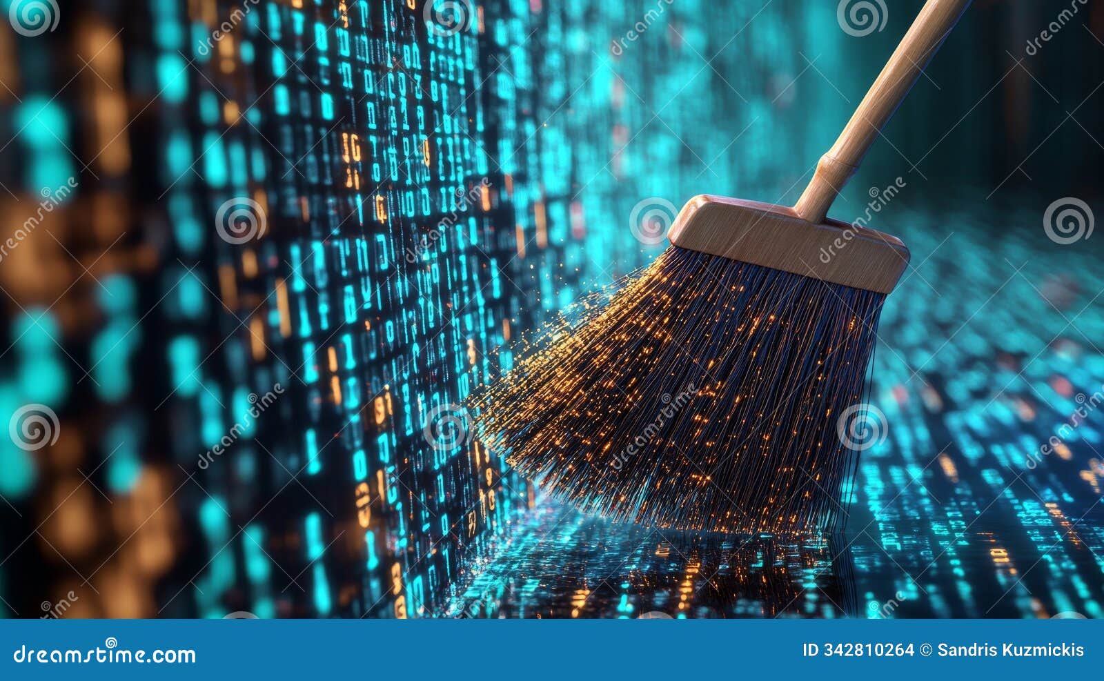 A Broom Sweeping Up Binary Code on an Abstract Digital Background ...