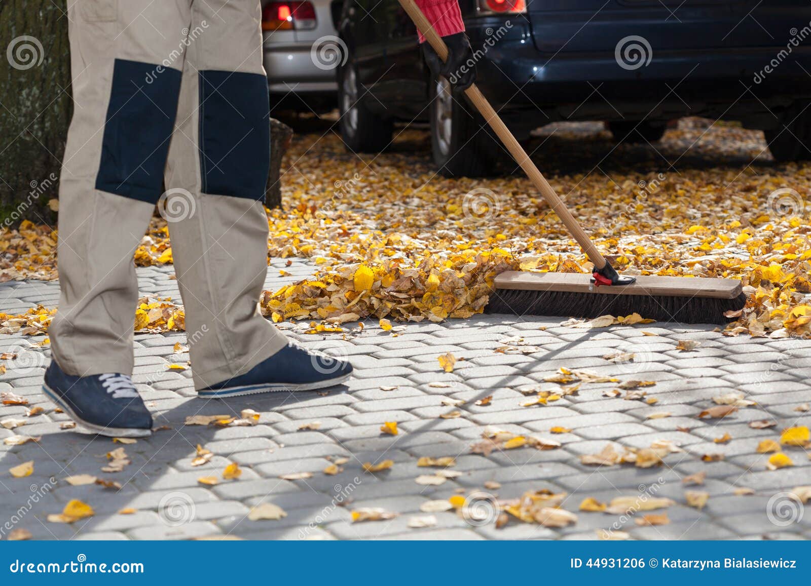 Brooming Driveway from Leaves Stock Photo - Image of happy, outdoors ...